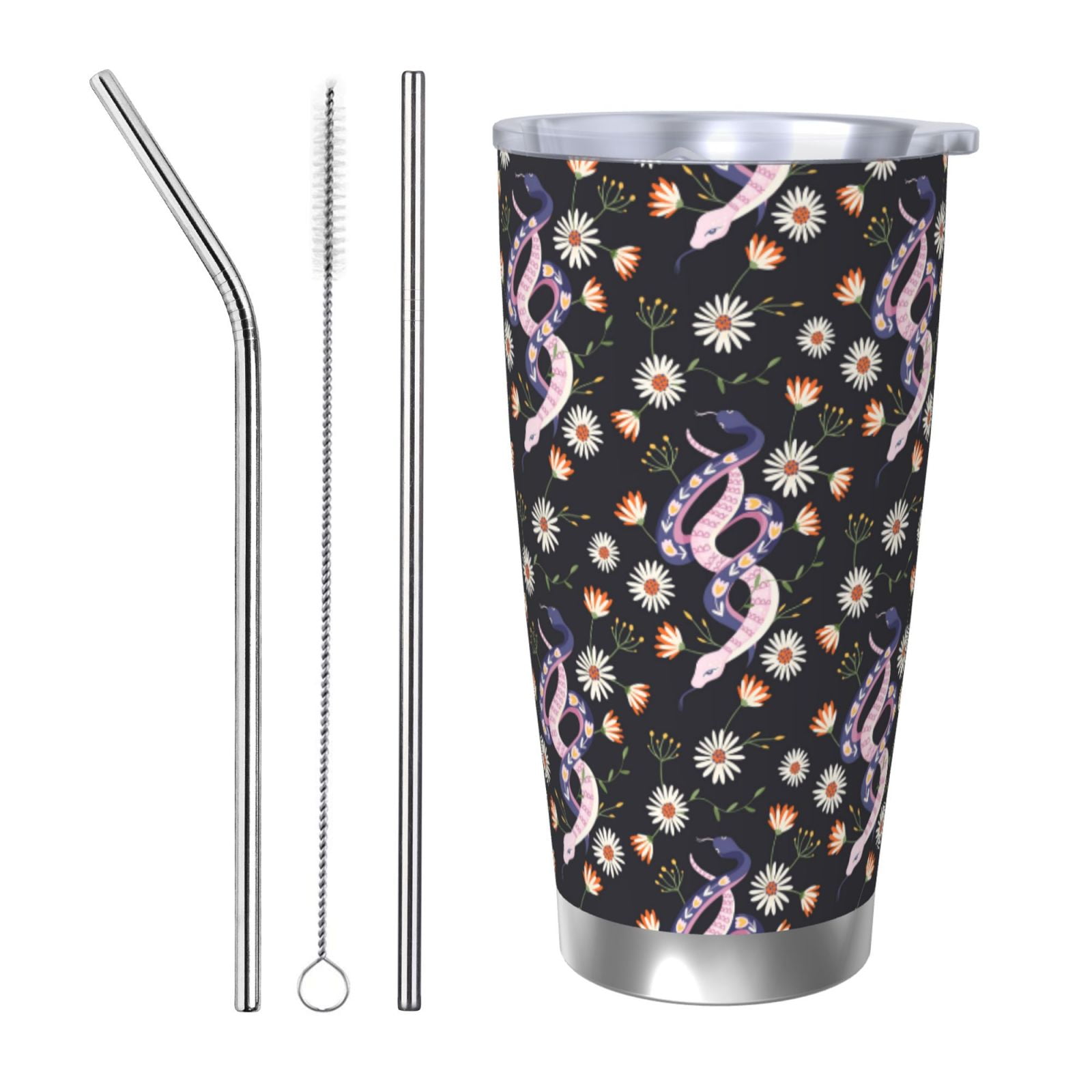 Daiia Snake And Floral1 Printed 20oz Insulated Coffee Cup with Straw ...