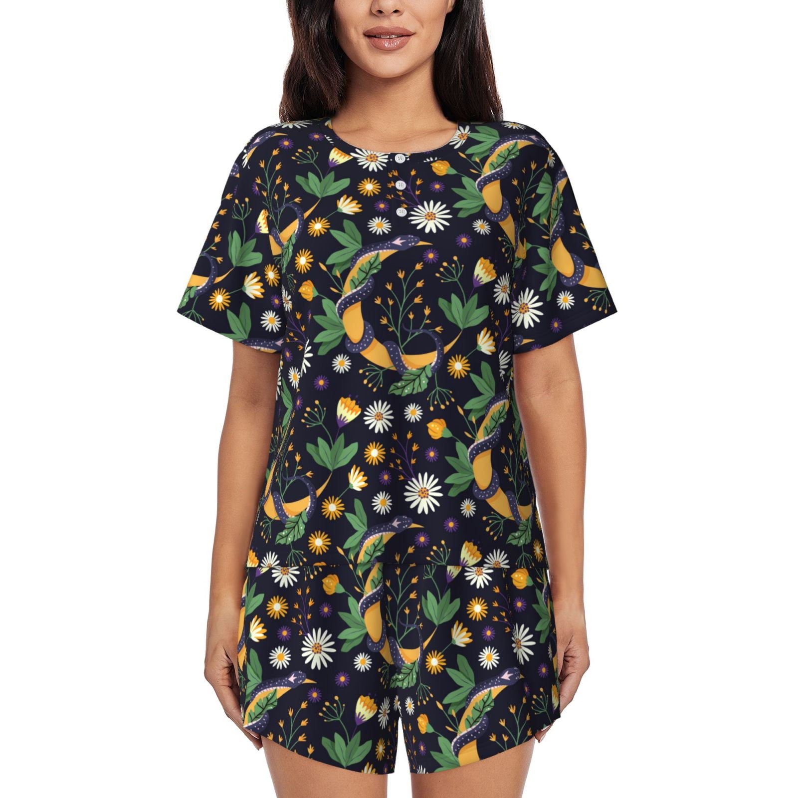 Daiia Snake And Flower Pattern Womens Pajama Sets Short Sleeve Pajamas ...
