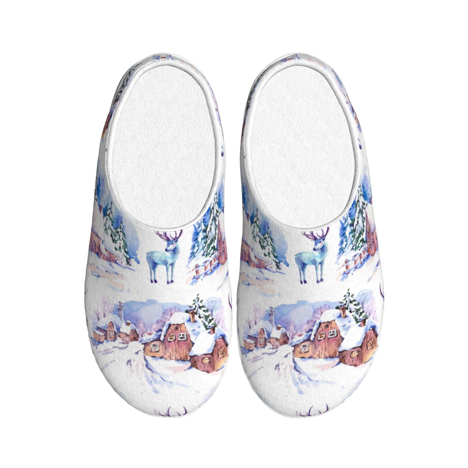 Daiia Snowy Cottage Holiday Scene Print Women’s Fuzzy Slippers Memory ...