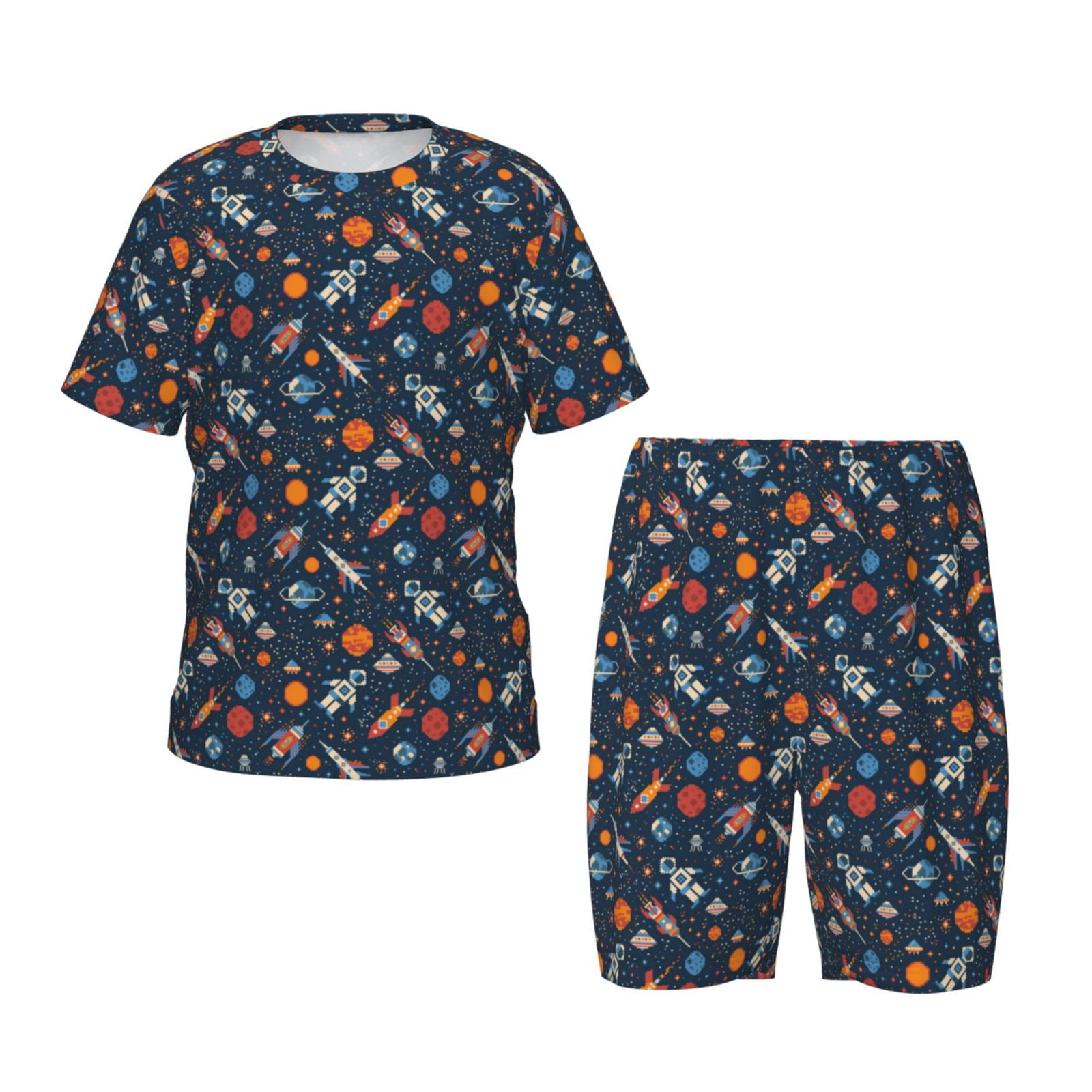Daiia Spaceships And Stars In Outer Space Print Children’s Cotton Pajama Set – Short-Sleeved Top ...