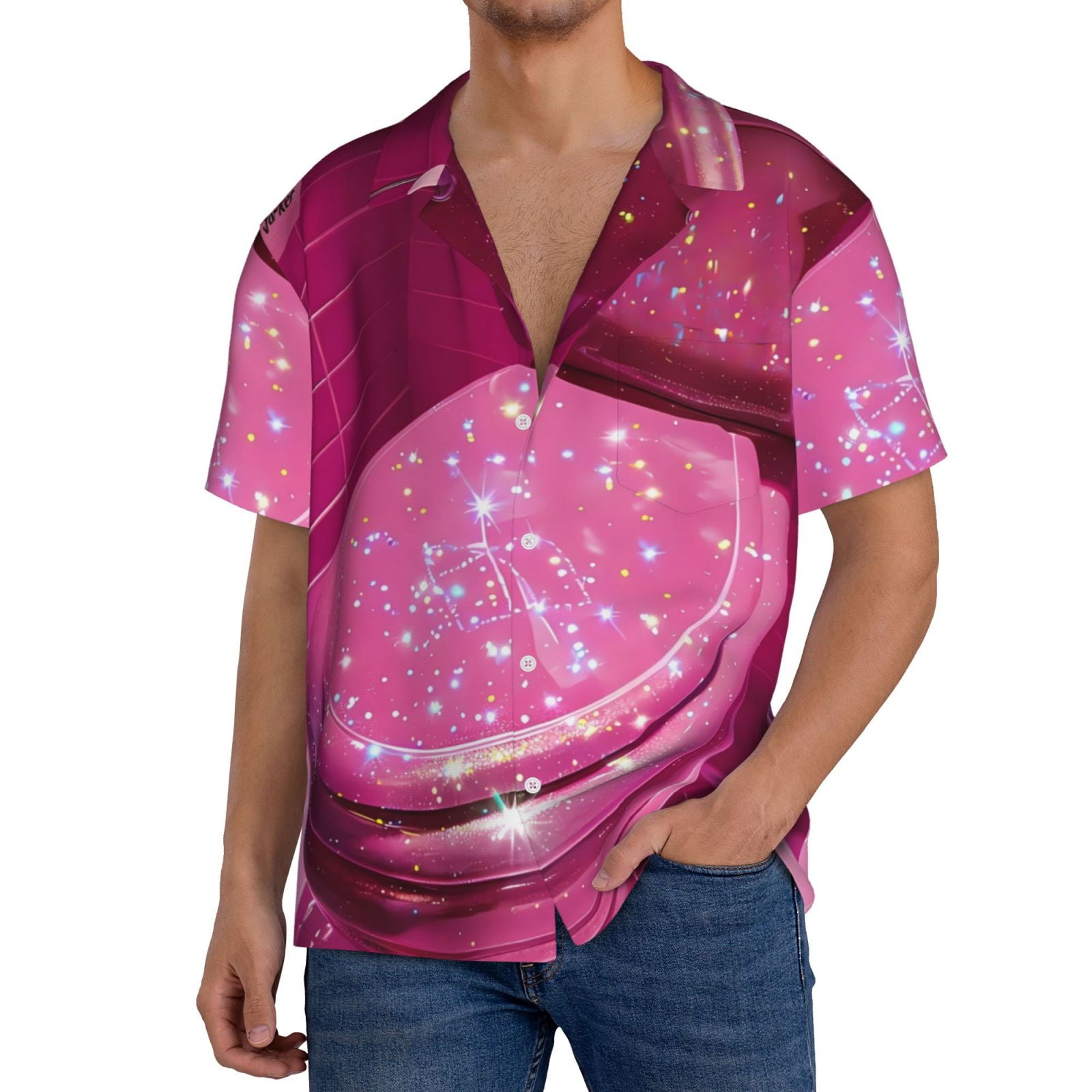 Daiia Sparkling Pink Toilet Men's Linen Shirts Short Sleeve Casual ...
