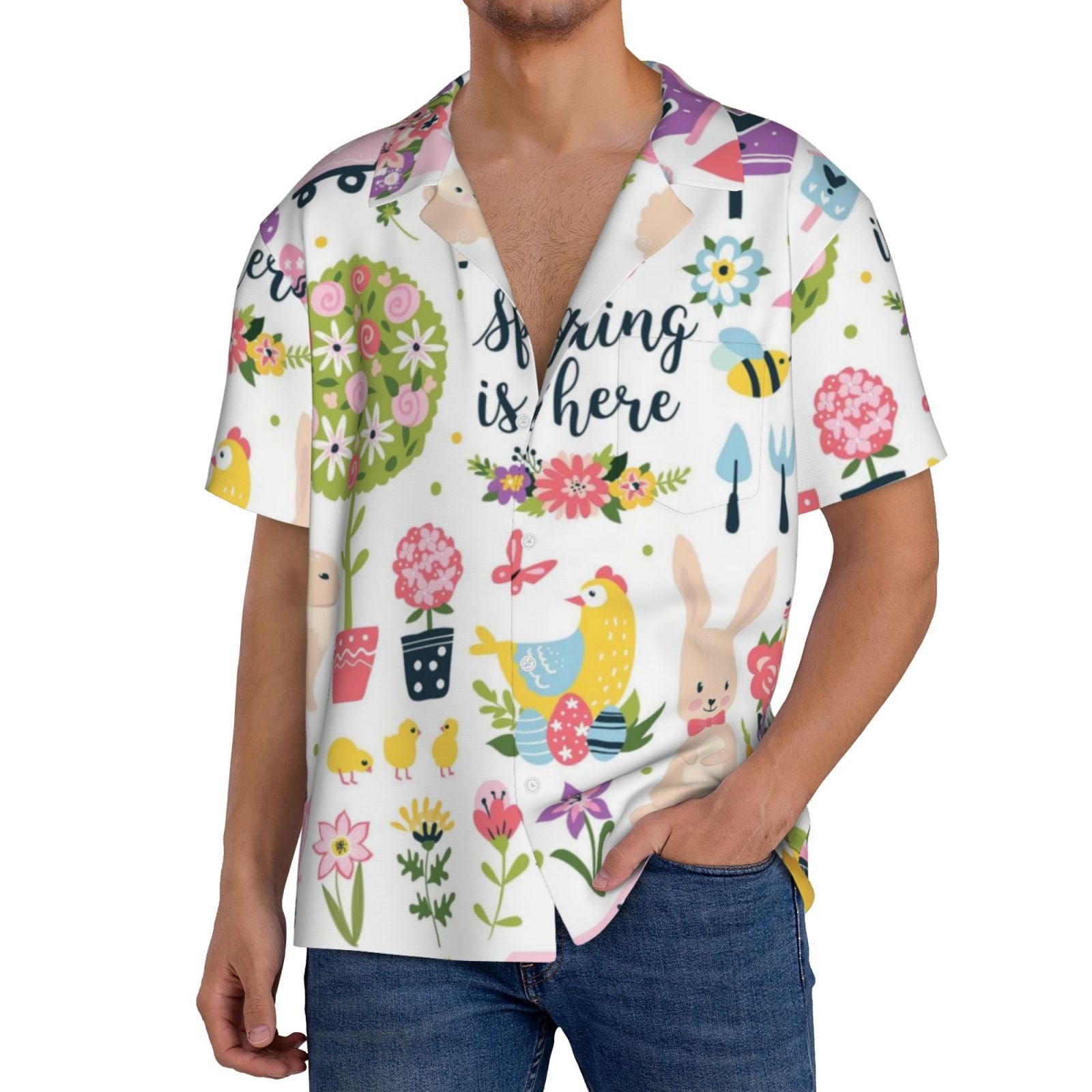 Daiia Spring Flowers Birds Men's Linen Shirts Short Sleeve Casual ...