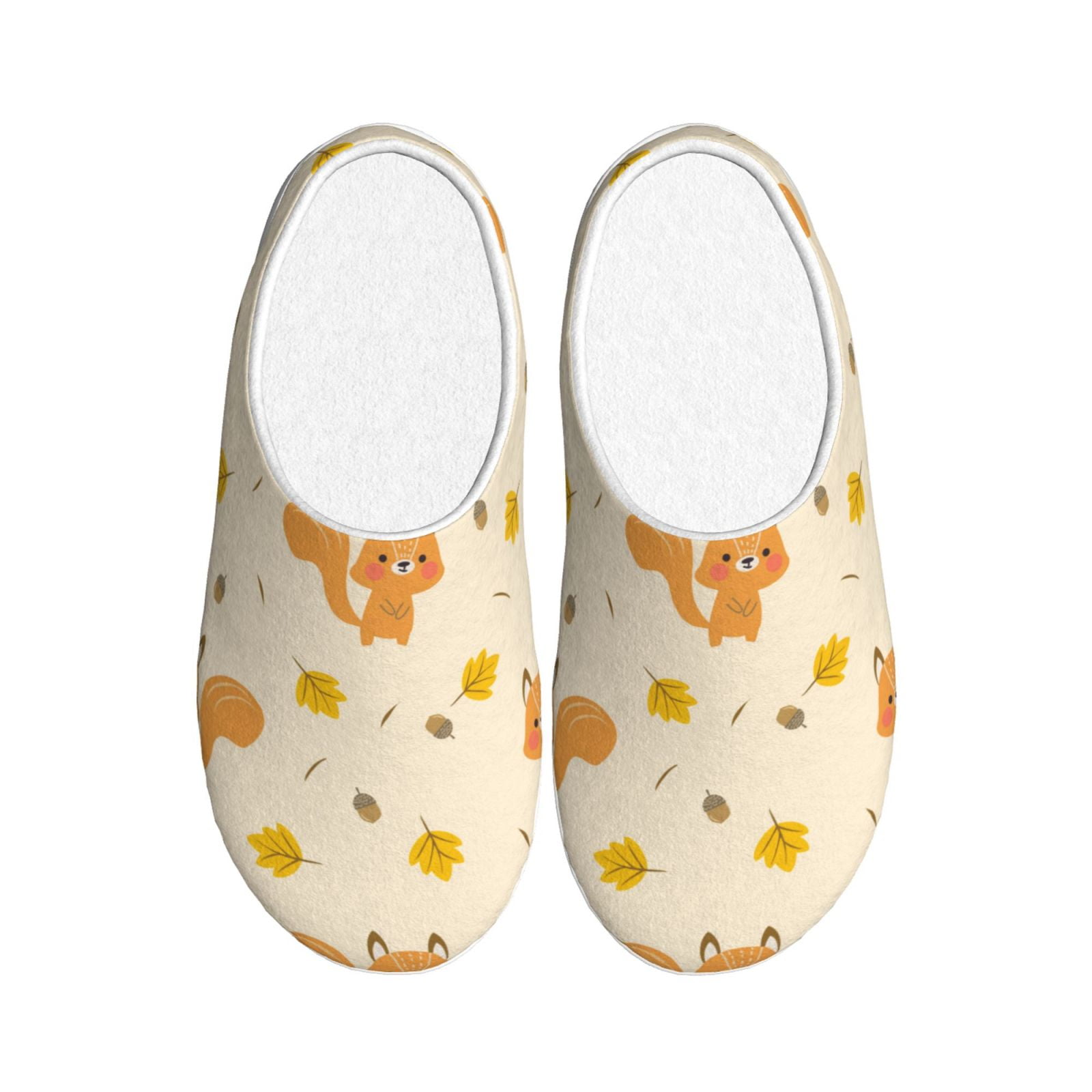 Daiia Squirrel And Leaves Print Women’s Fuzzy Slippers Memory Foam ...