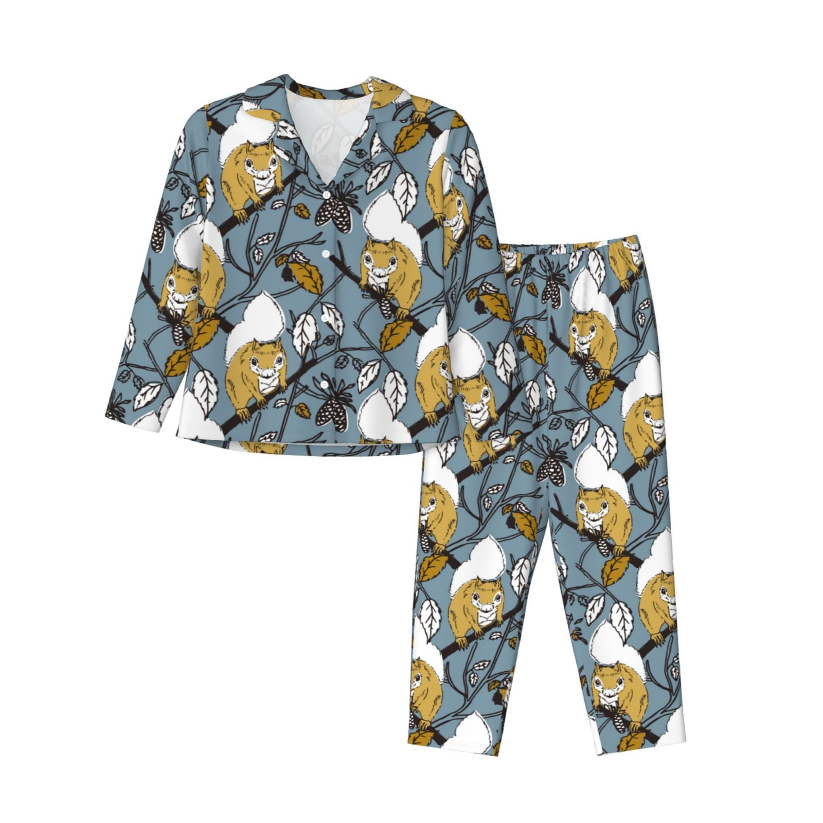 Daiia Squirrel And Leaves for Women's Long-Sleeved Pajama Set – Soft ...
