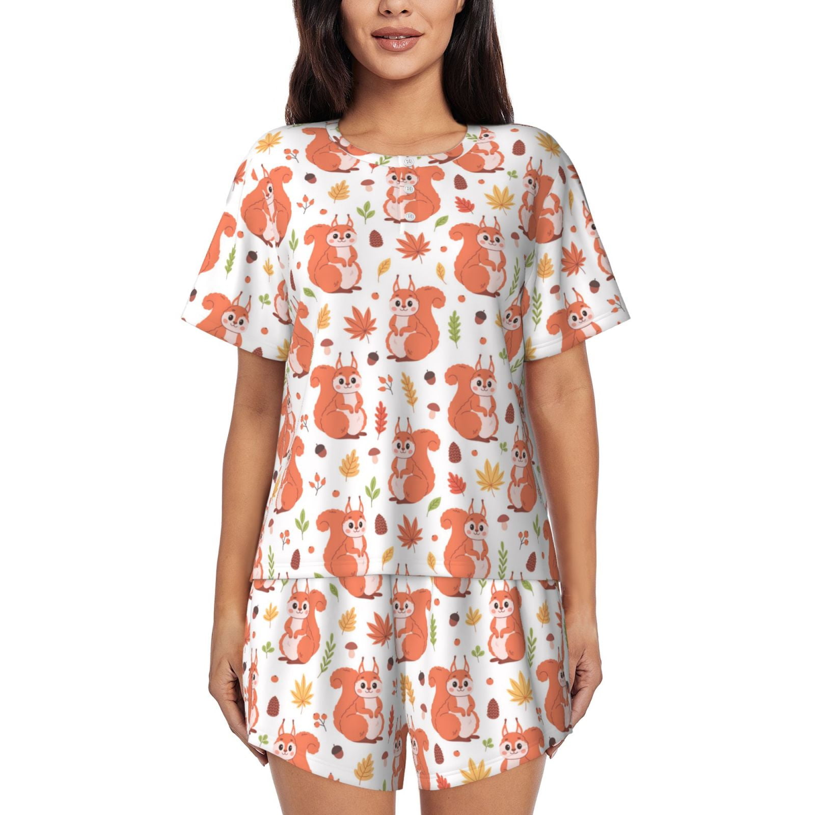 Daiia Squirrel And Maple Leaf Pattern Womens Pajama Sets Short Sleeve ...