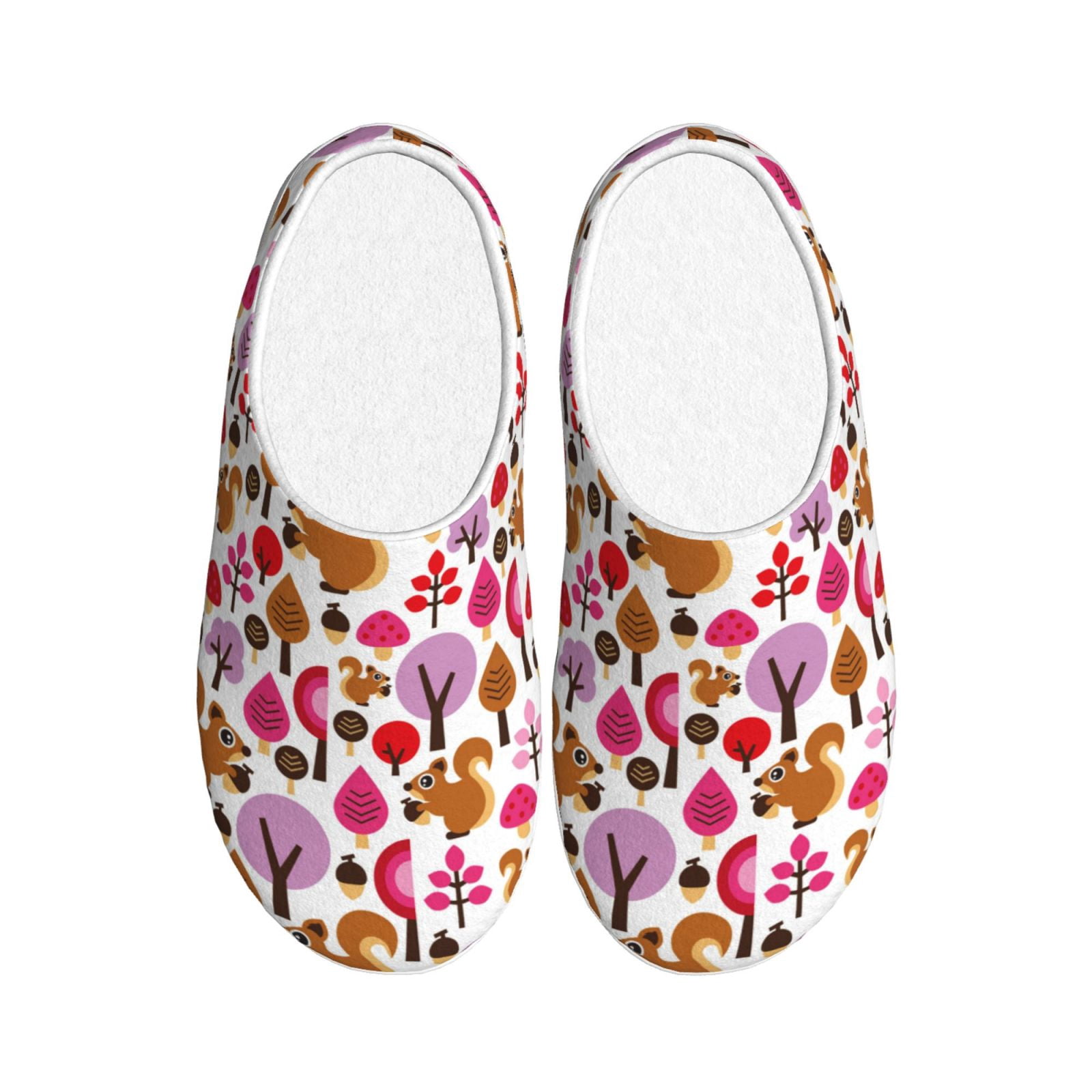 Daiia Squirrel In The Forest Print Women’s Fuzzy Slippers Memory Foam ...