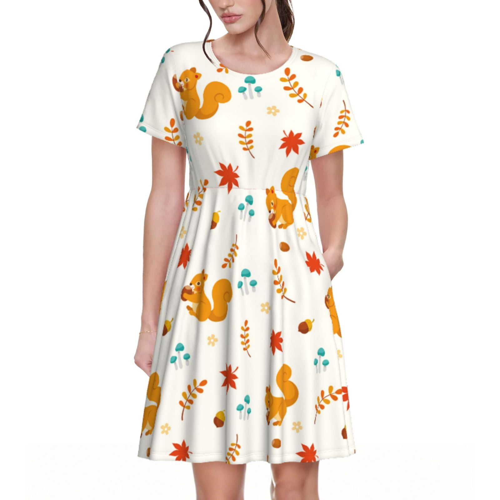 Daiia Squirrel Maple Leaves And Nuts Print Women's Dresses 2025 Trendy ...