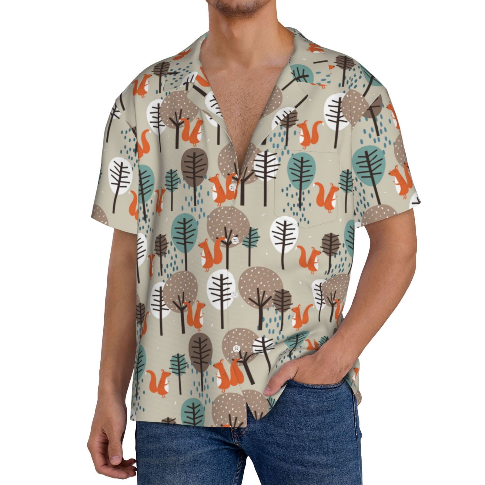 Daiia Squirrels and Trees Men's Linen Shirts Short Sleeve Casual Shirts ...