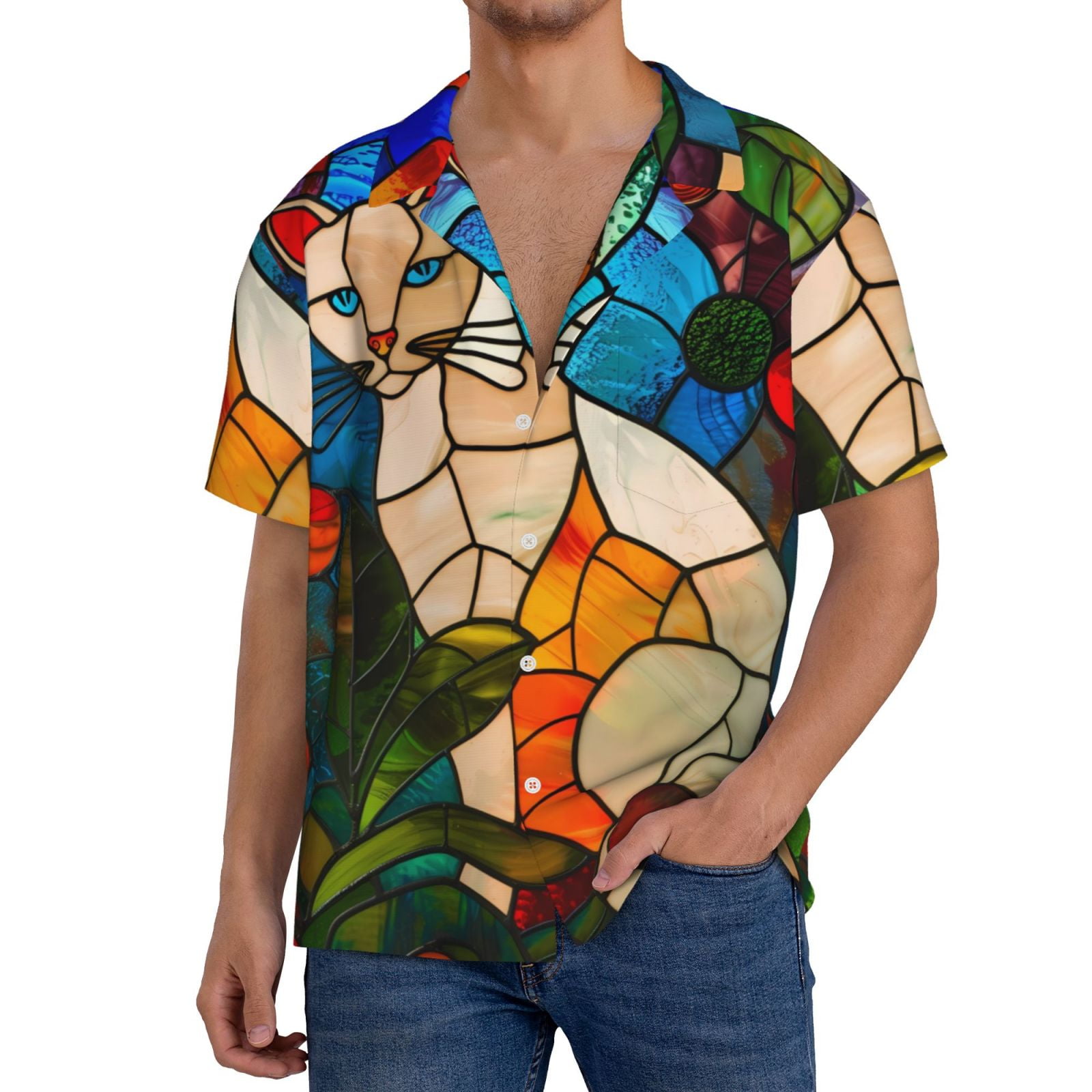Daiia Stained Glass Cat Art Men's Linen Shirts Short Sleeve Casual ...