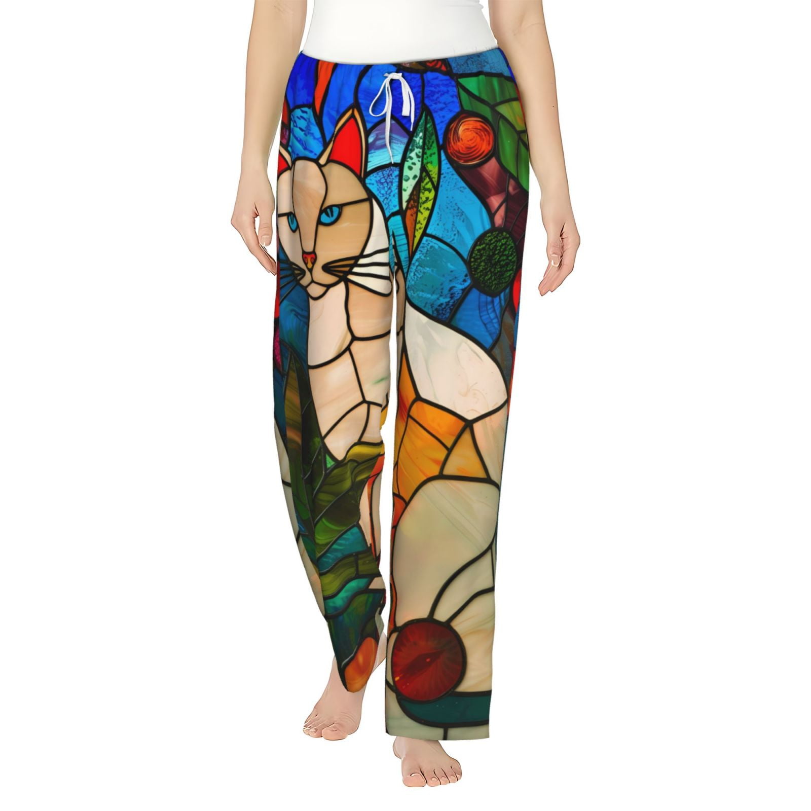 Daiia Stained Glass Cat Art Women's Sleep Pant with Pockets and ...