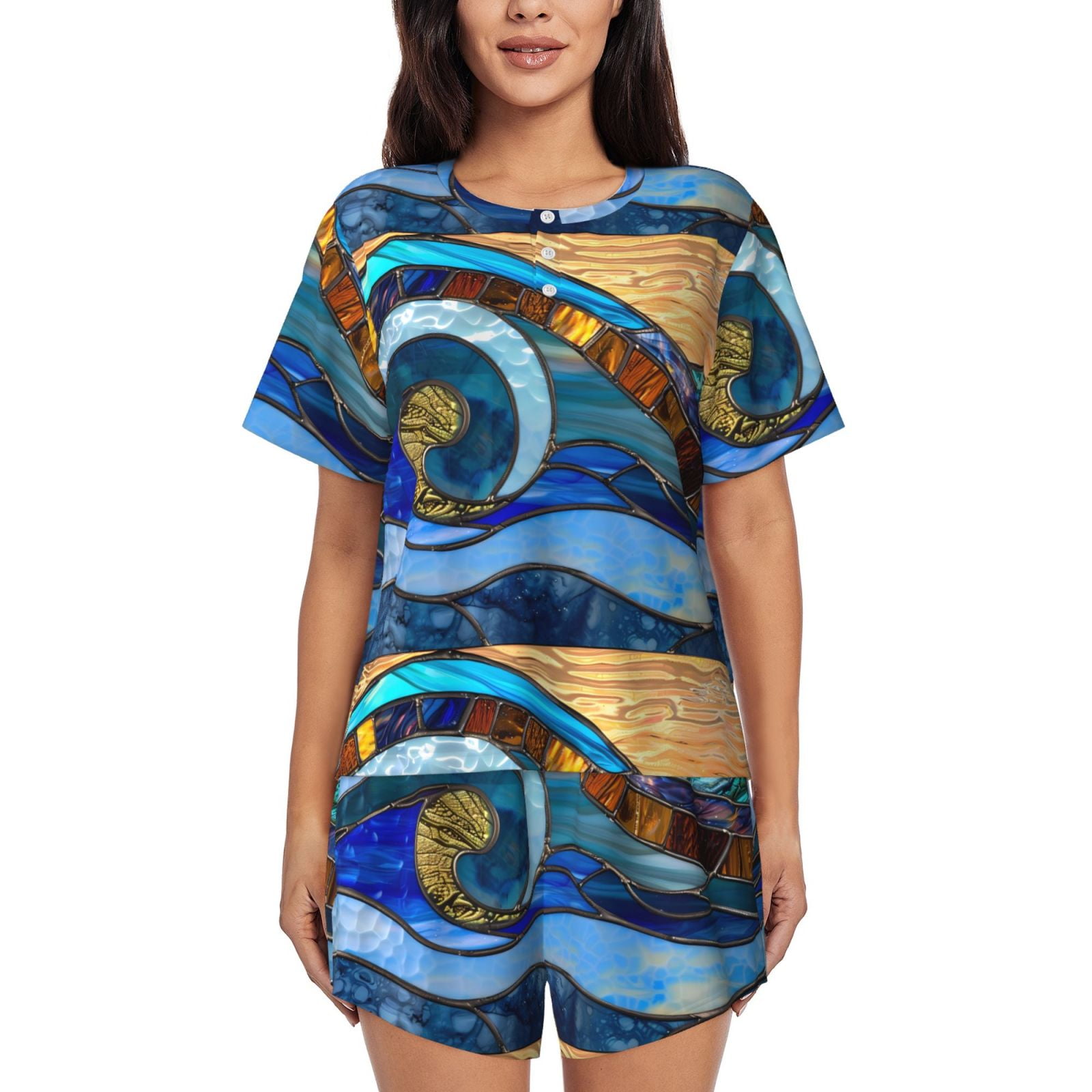 Daiia Stained Glass Ocean Wave Pattern Womens Pajama Sets Short Sleeve ...