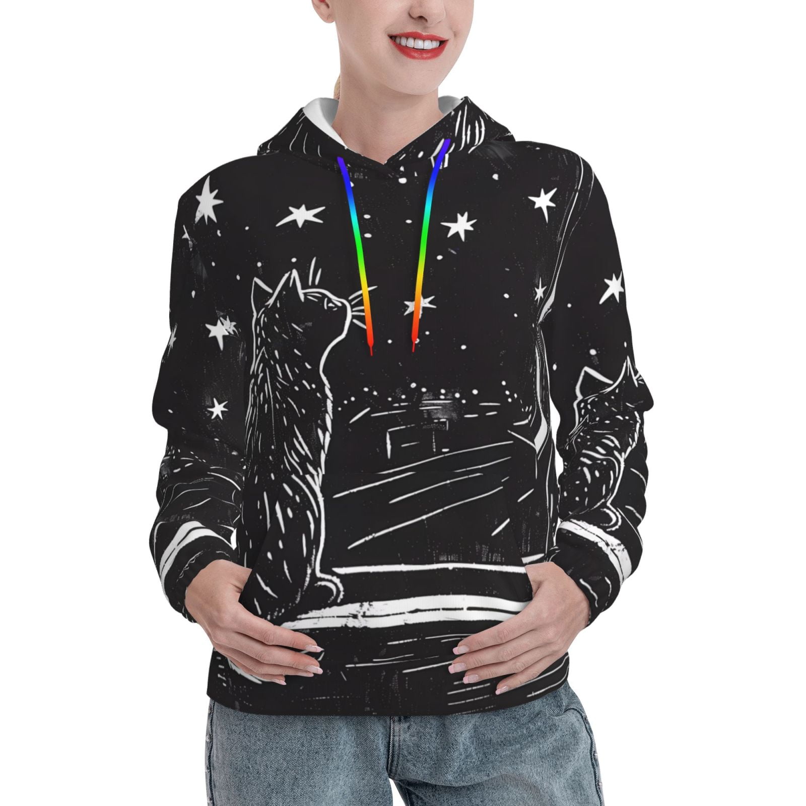 Daiia Star Gazing Cat Illustration Pattern Women's Fashion Hoodies ...