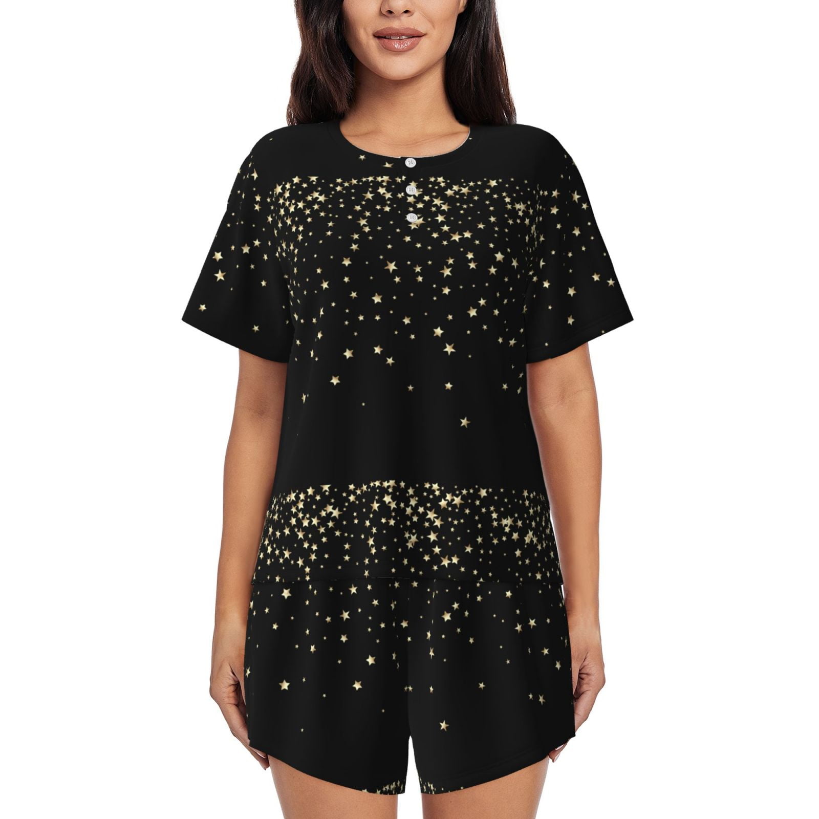 Daiia Star Silver Glitter Pattern Womens Pajama Sets Short Sleeve ...