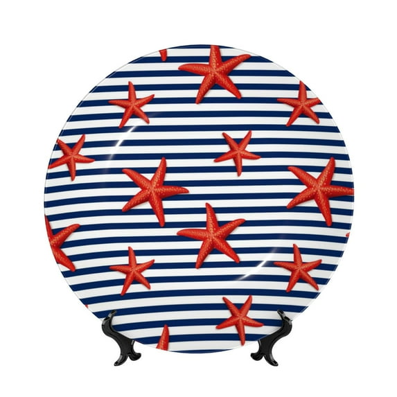 Daiia Starfish Navy Blue Stripe Printed Pattern Ceramic Plate Dinner ...