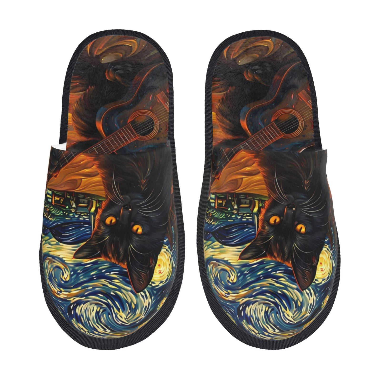 Daiia Starry Night Cat Guitarist A Pattern Furry Slippers for Women and ...