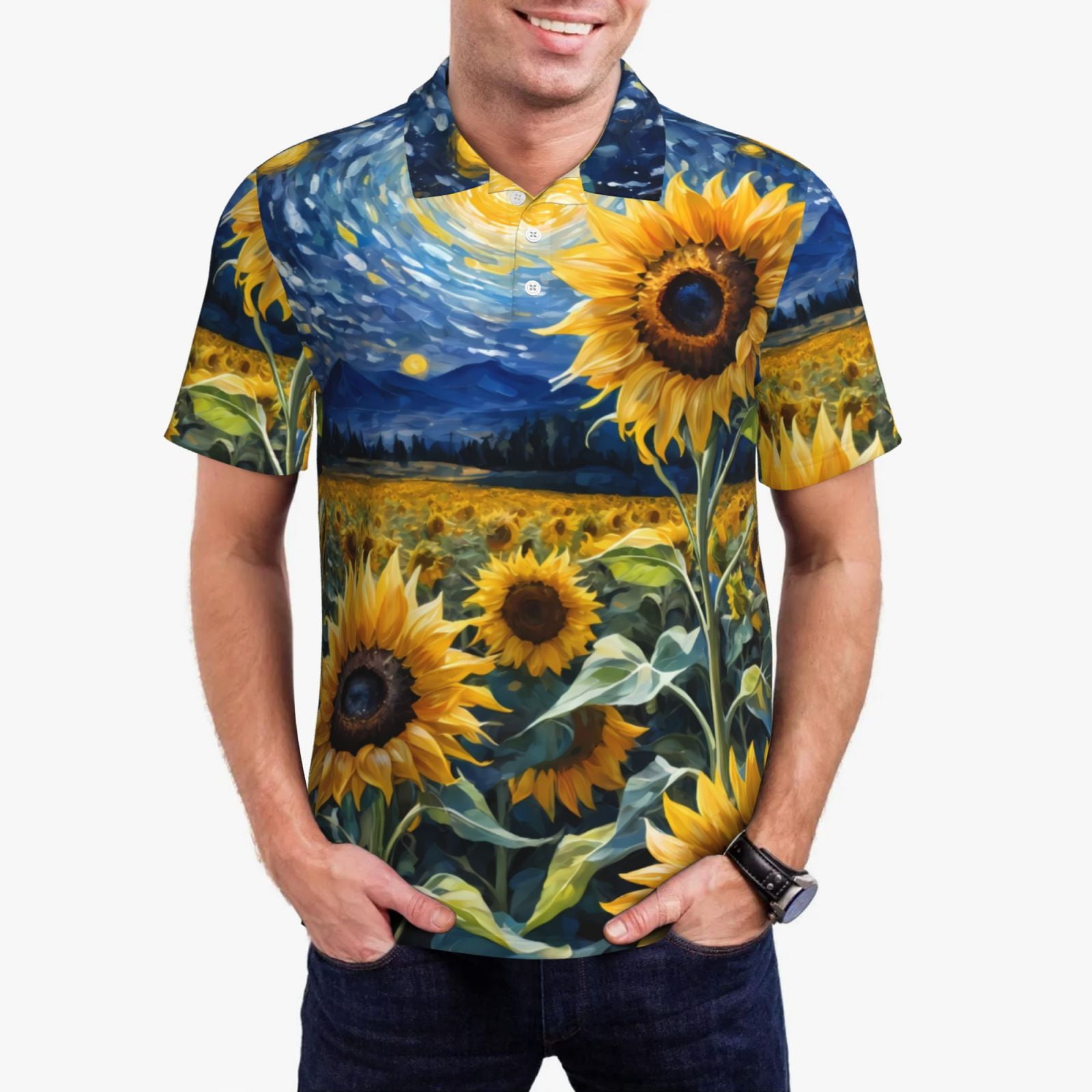 Daiia Starry Sky Sunflower Pattern Men’s Polo Shirts,Solid Deck Shirt ...
