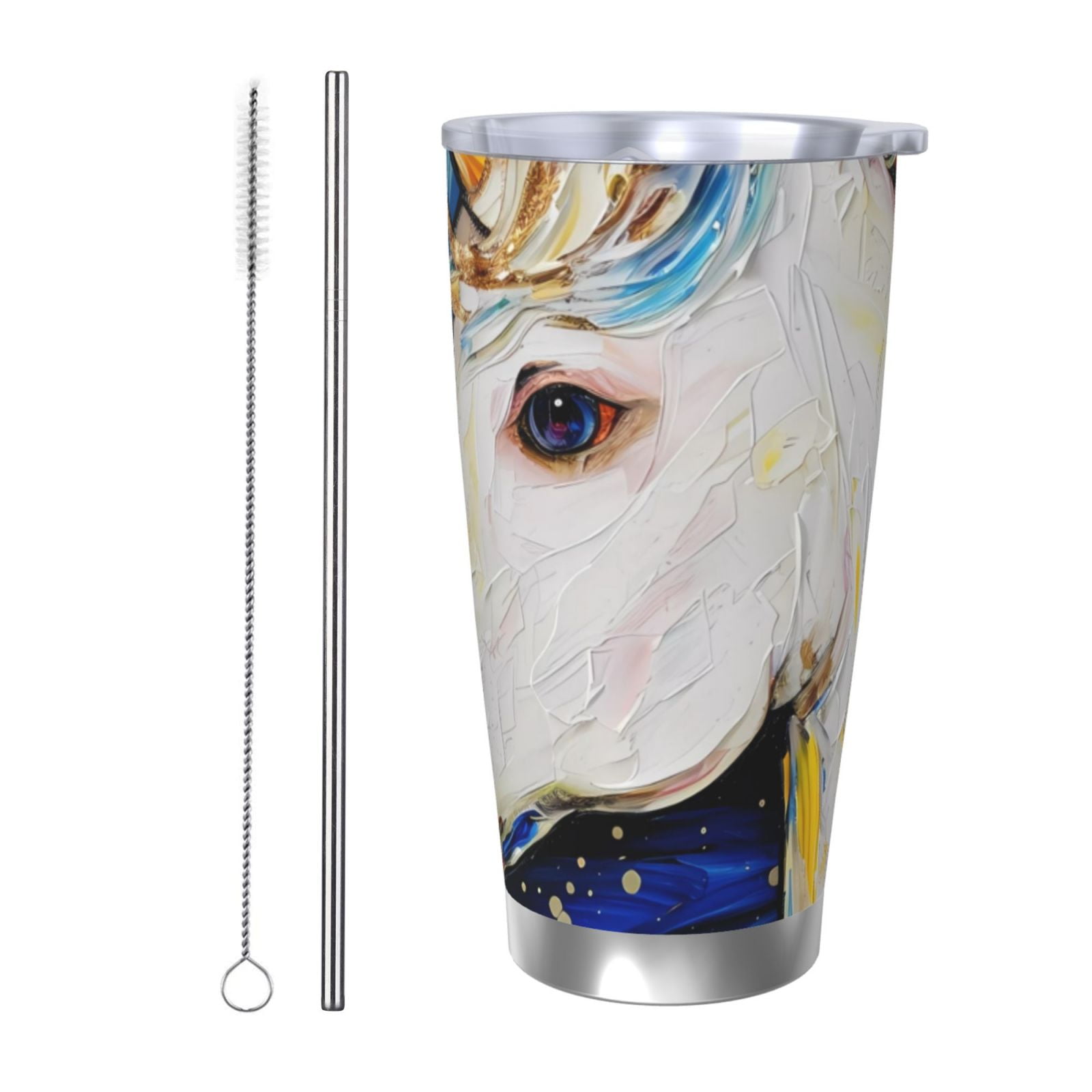 Daiia Starry White Horse Printed 20oz Insulated Coffee Cup with Straw ...