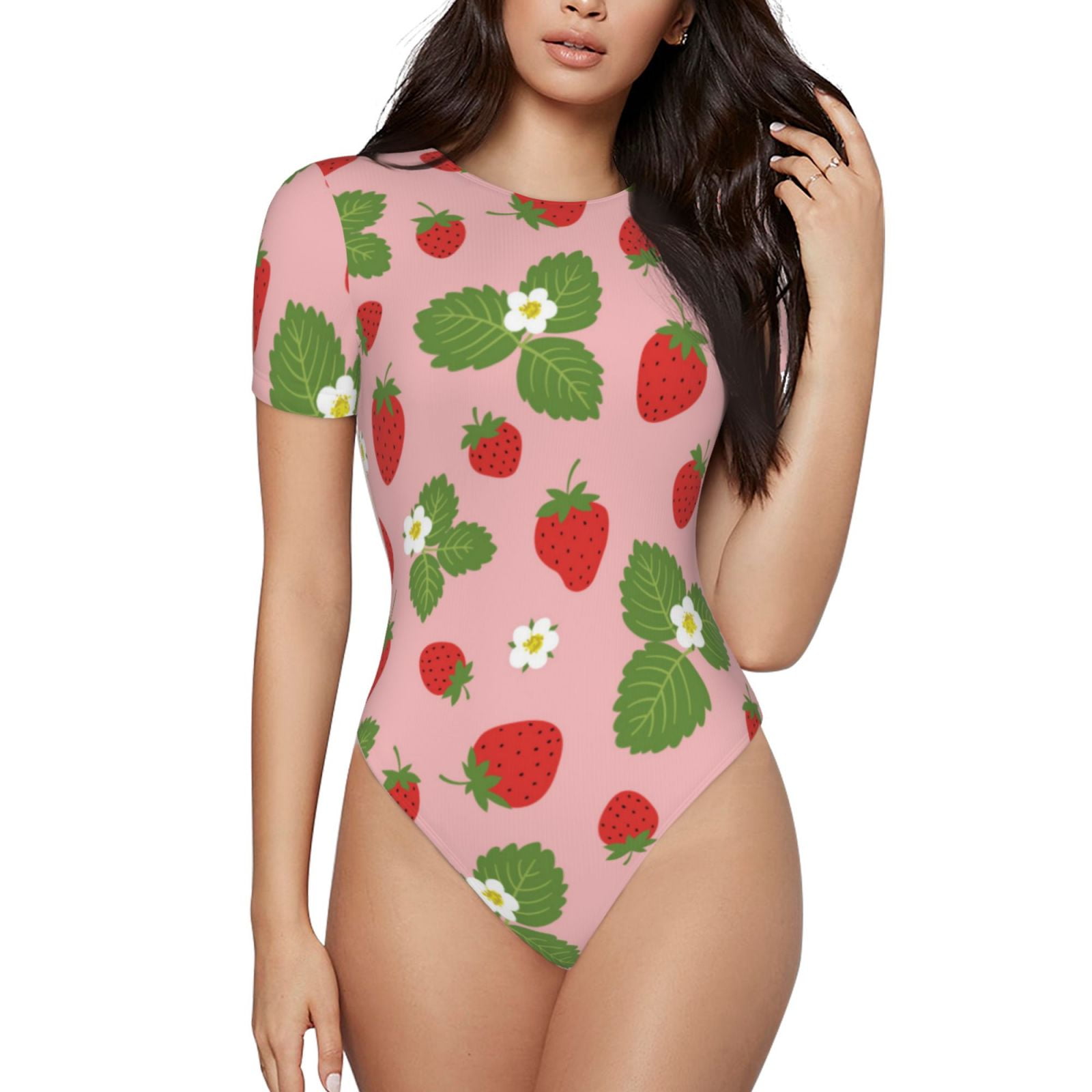 Daiia Strawberries print Women's Crew Neck Short Sleeve Bodysuit Fashion Tops Fit Casual Basic ...