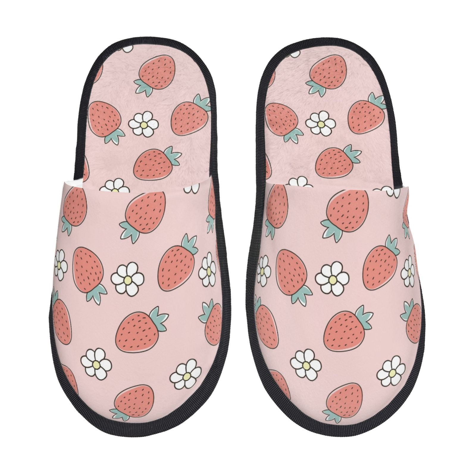 Daiia Strawberry And Flowers Pattern Furry Slippers for Women and Men ...