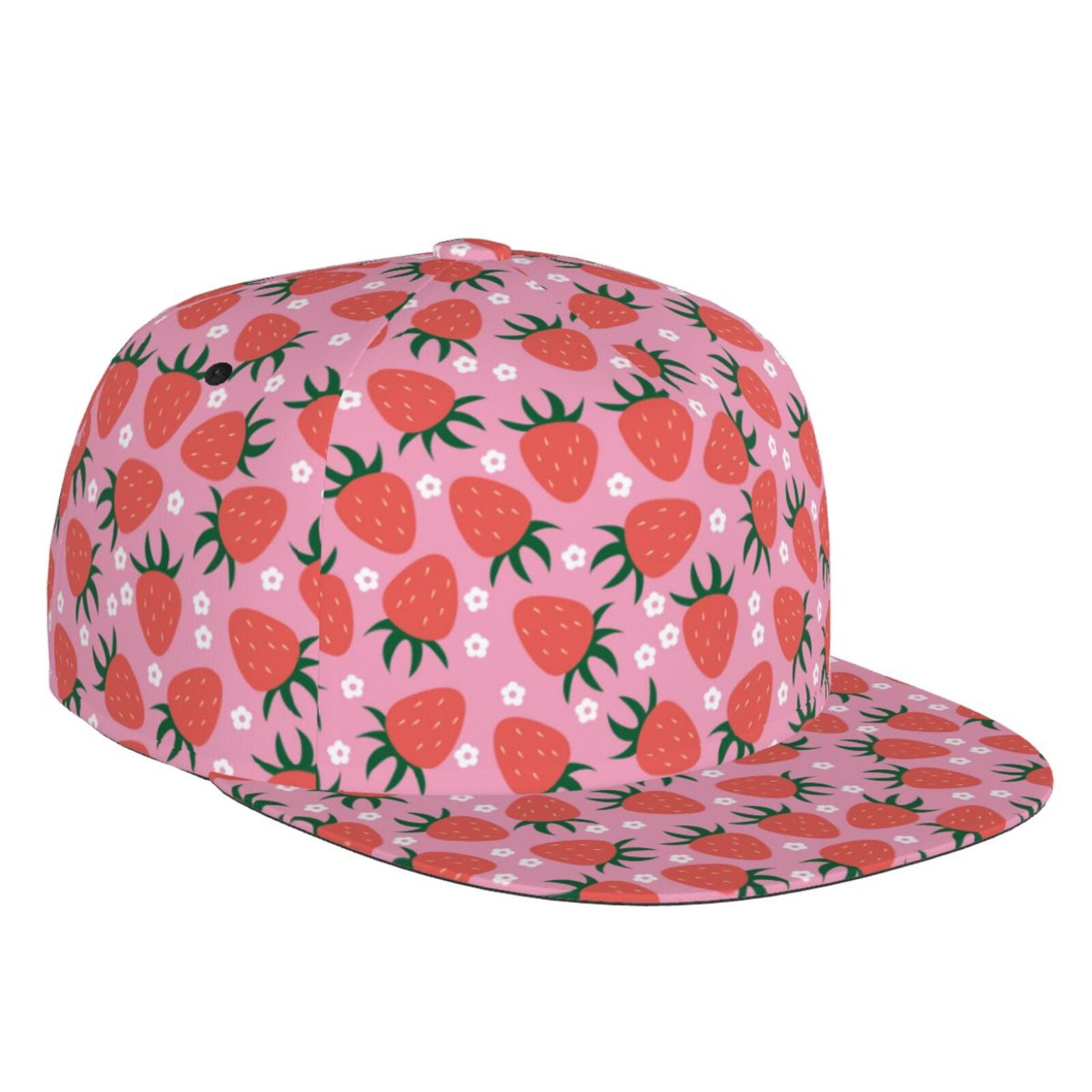 Daiia Strawberry print Flat Bill Hats Flat Brim Trucker Cap Baseball ...