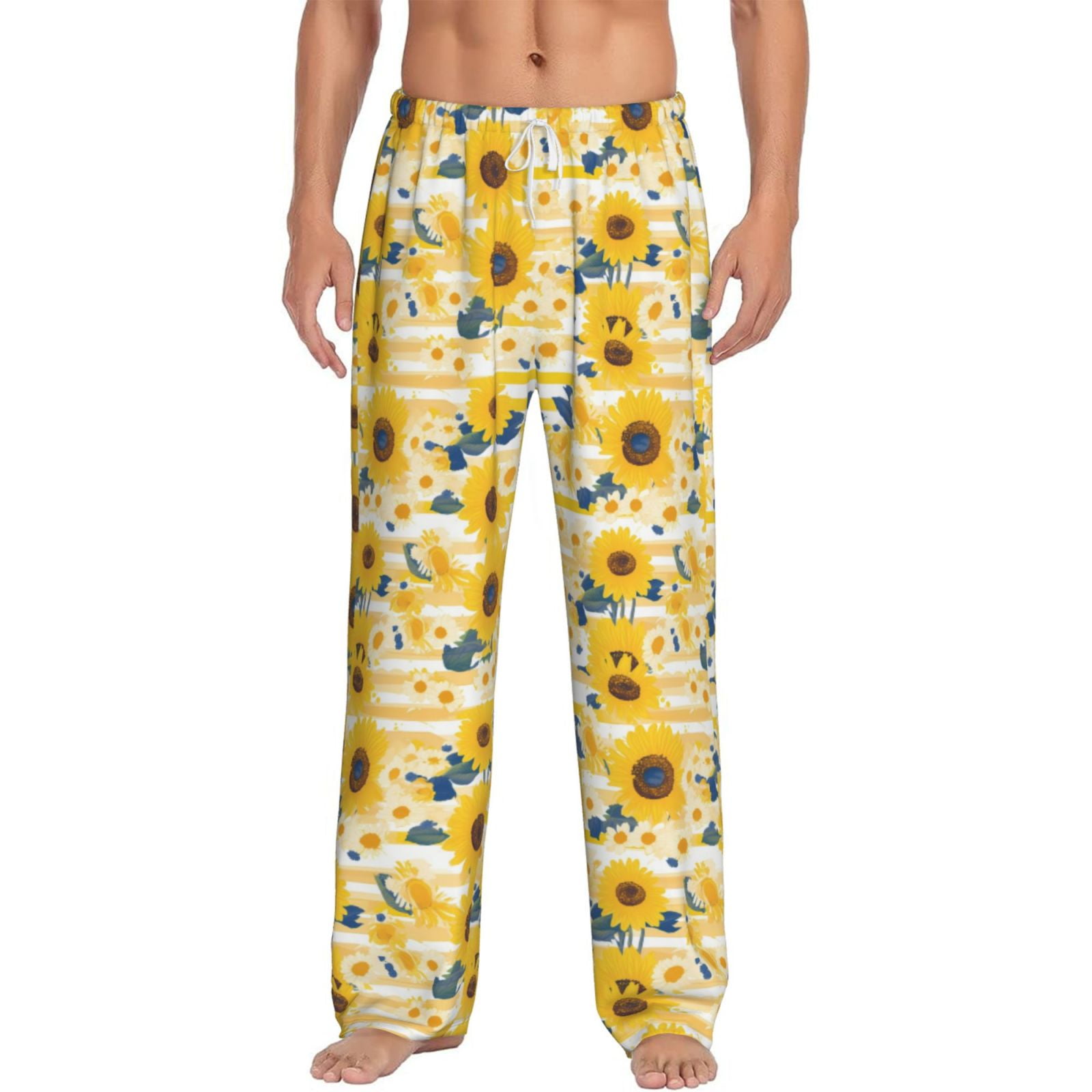 Daiia Striped Sunflower Daisy Men's Sleep Pant with Pockets and ...