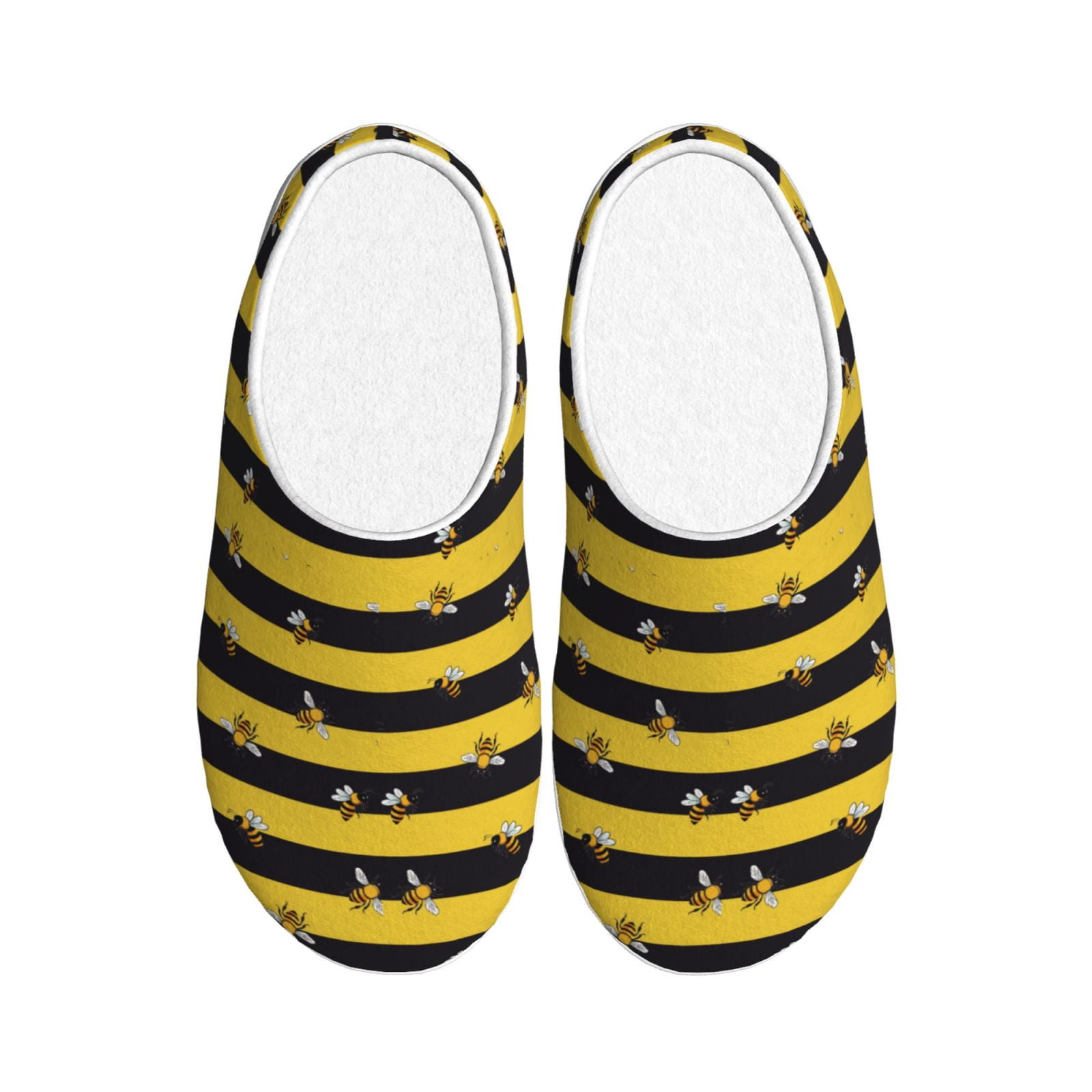 Daiia Striped With Bees Print Women’s Fuzzy Slippers Memory Foam ...