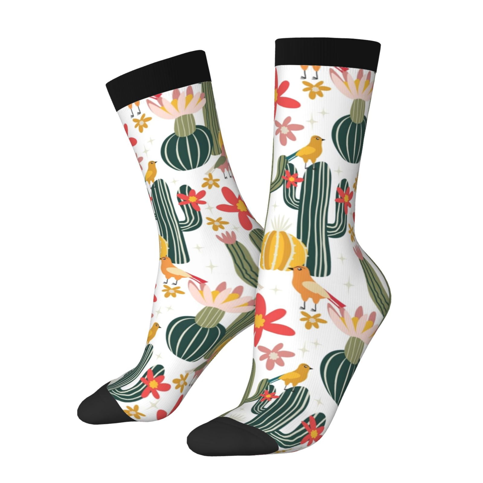 Daiia Summer Cactus With Blooming Print Crew Socks – Soft Breathable ...