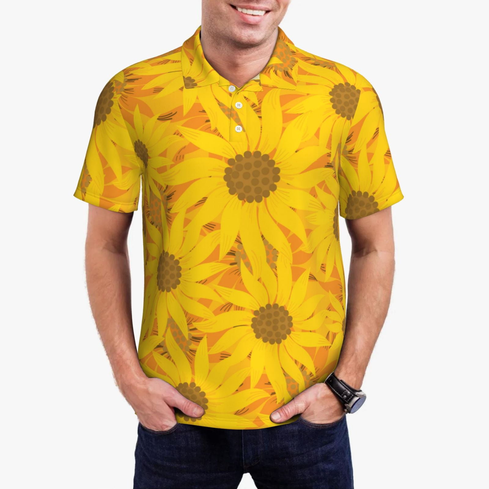 Daiia Sun Flowers Pattern Men’s Polo Shirts,Solid Deck Shirt,Classic ...