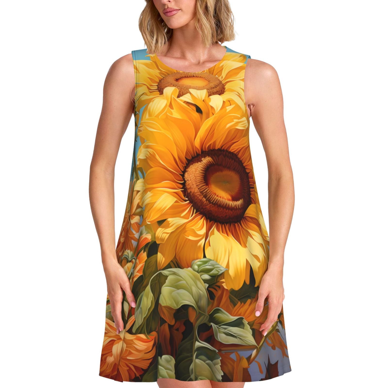 Daiia Sunflower Blue Sky Print Women's Dresses 2025 Trendy Short sleeve ...