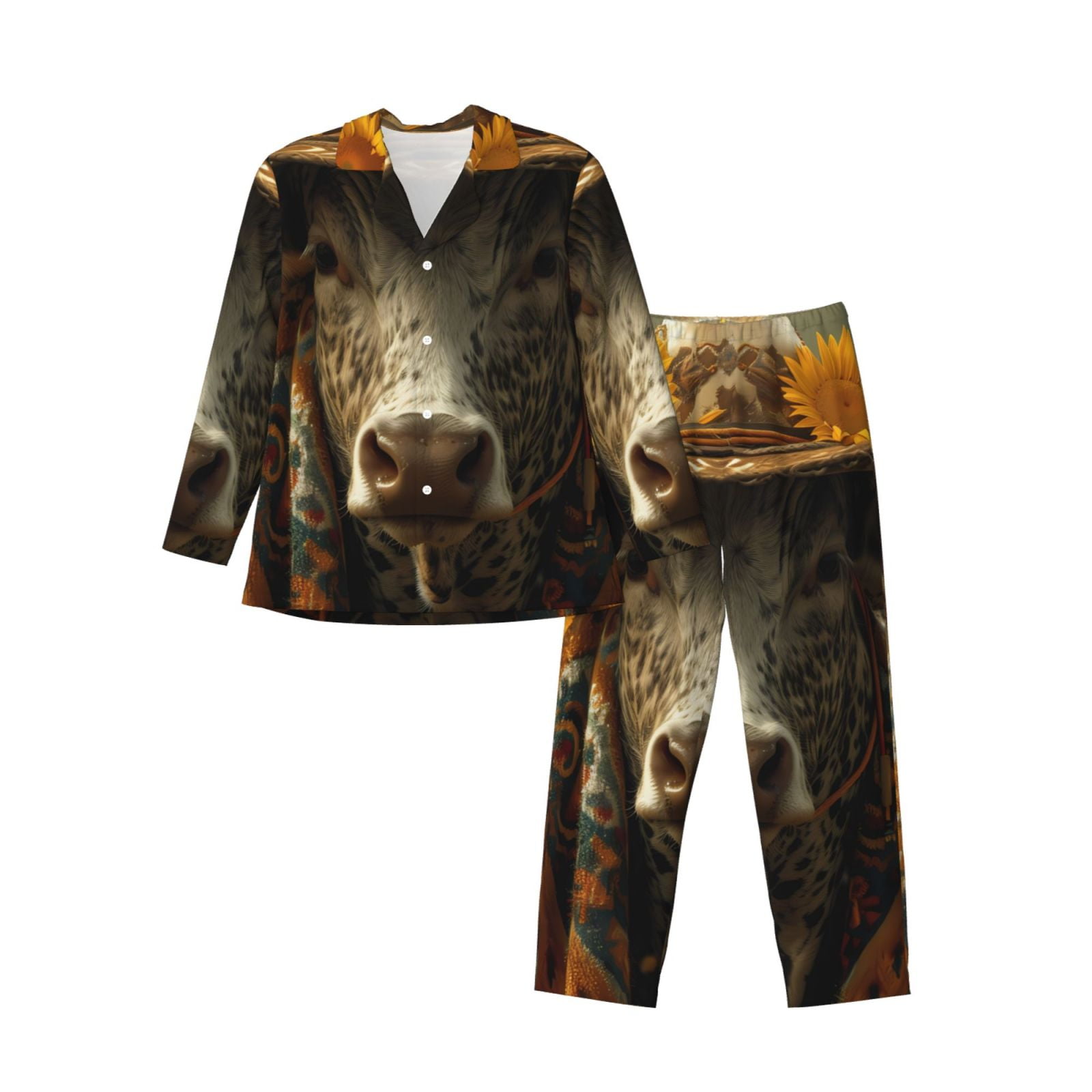 Daiia Sunflower Cowboy Hat Cow for Men's Long-Sleeved Pajama Set – Soft ...