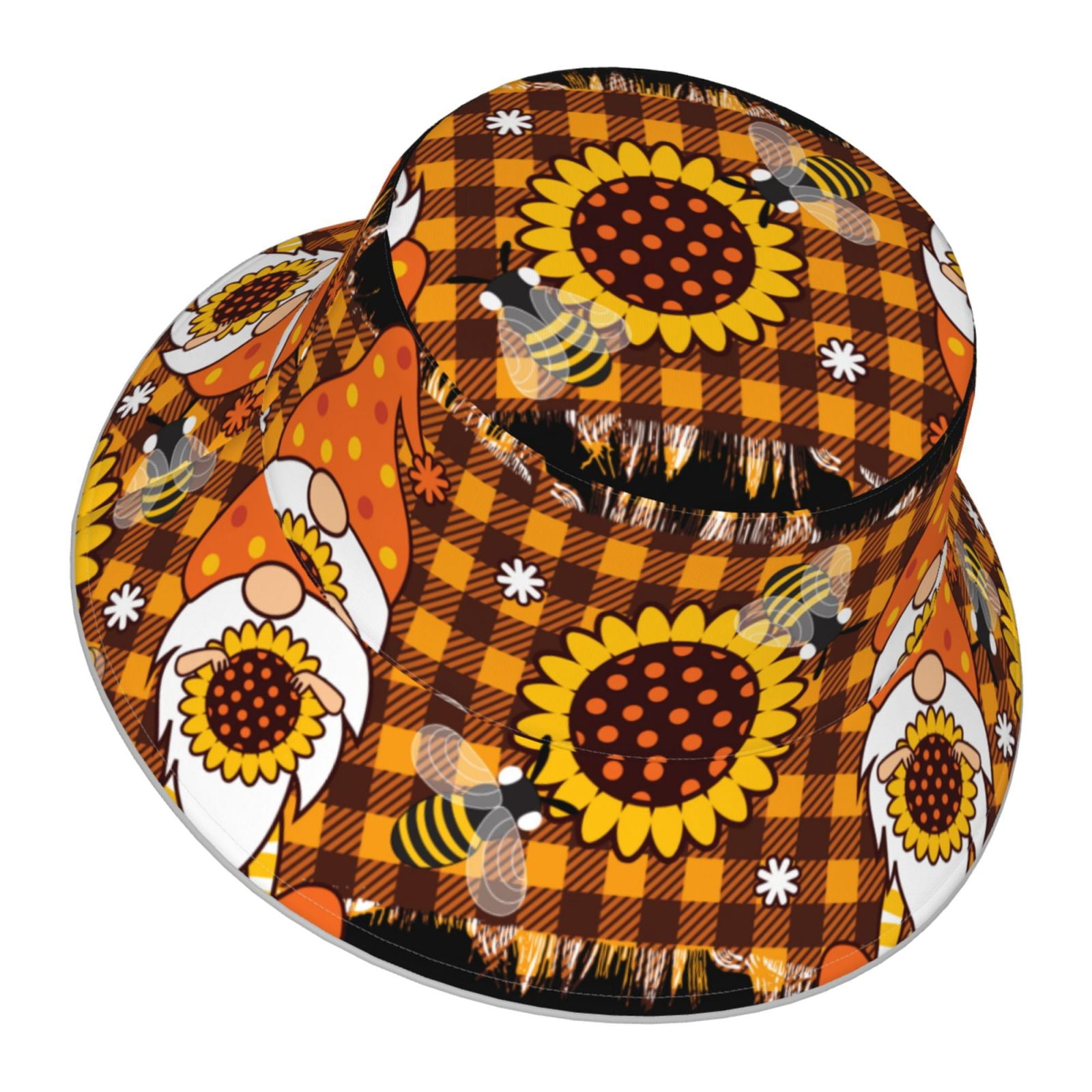 Daiia Sunflower Gnomes and Bees Pattern Bucket Hat - Trendy Cotton Sun ...