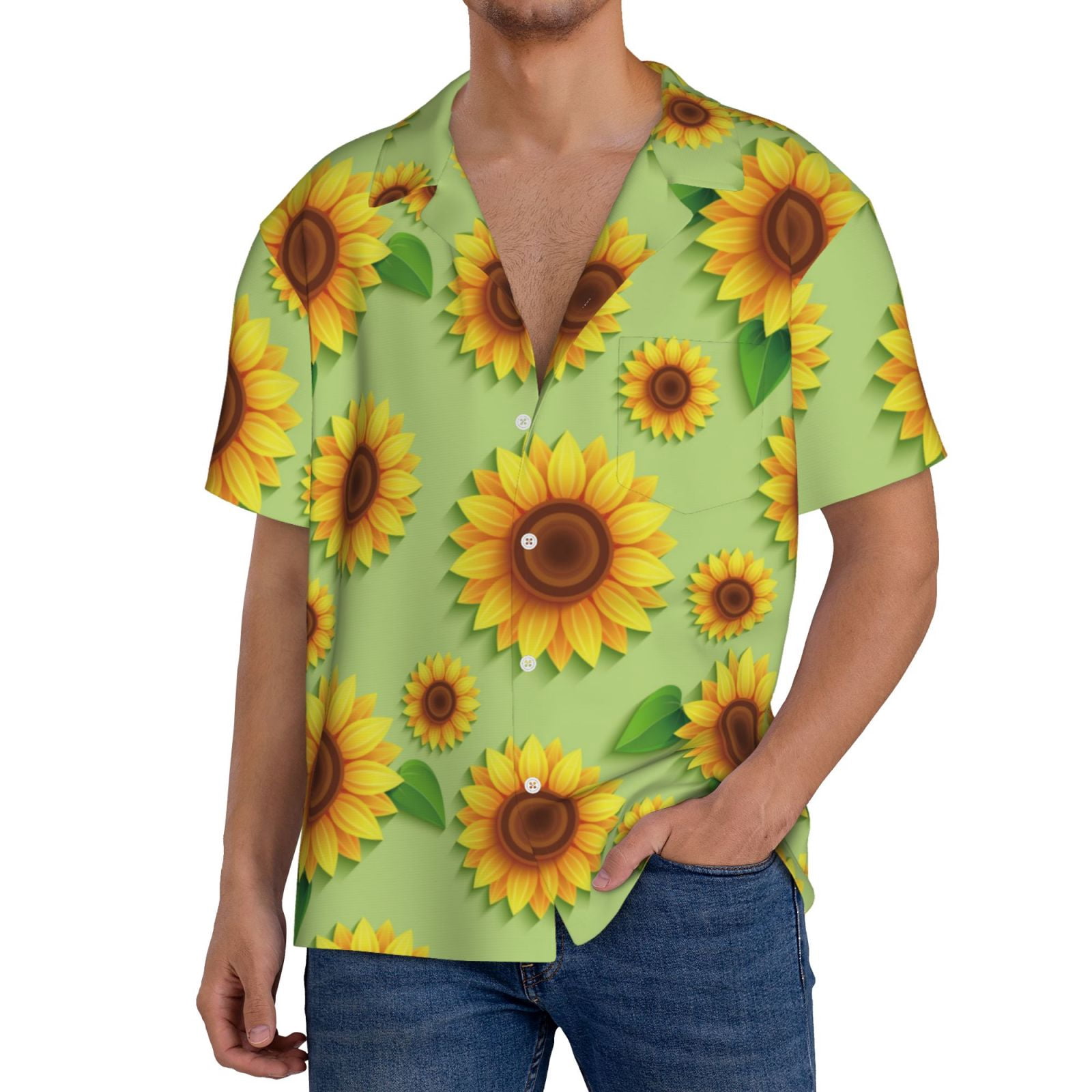Daiia Sunflower Leaves Men's Linen Shirts Short Sleeve Casual Shirts ...