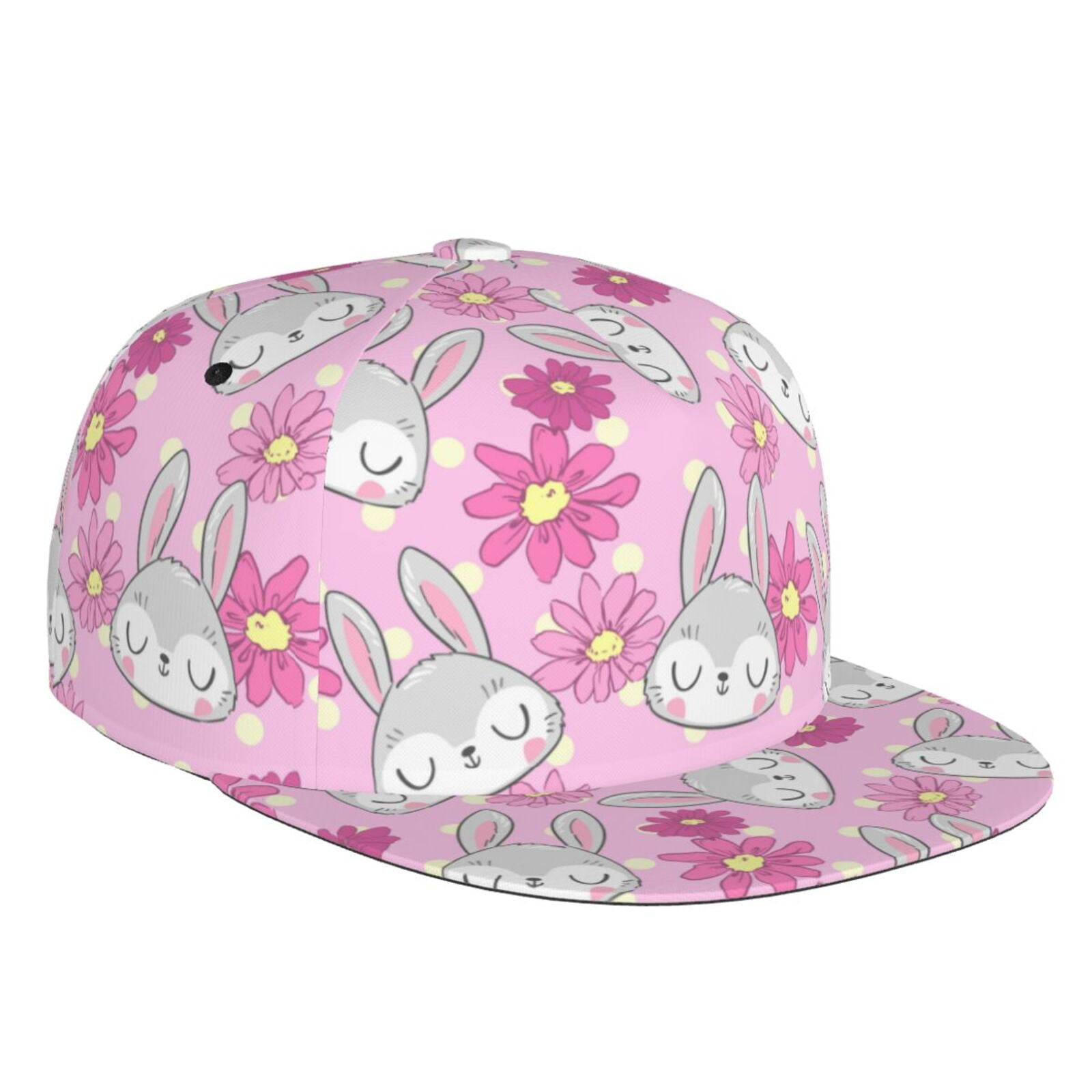 Daiia Sunflower Rabbit print Flat Bill Hats Flat Brim Trucker Cap ...