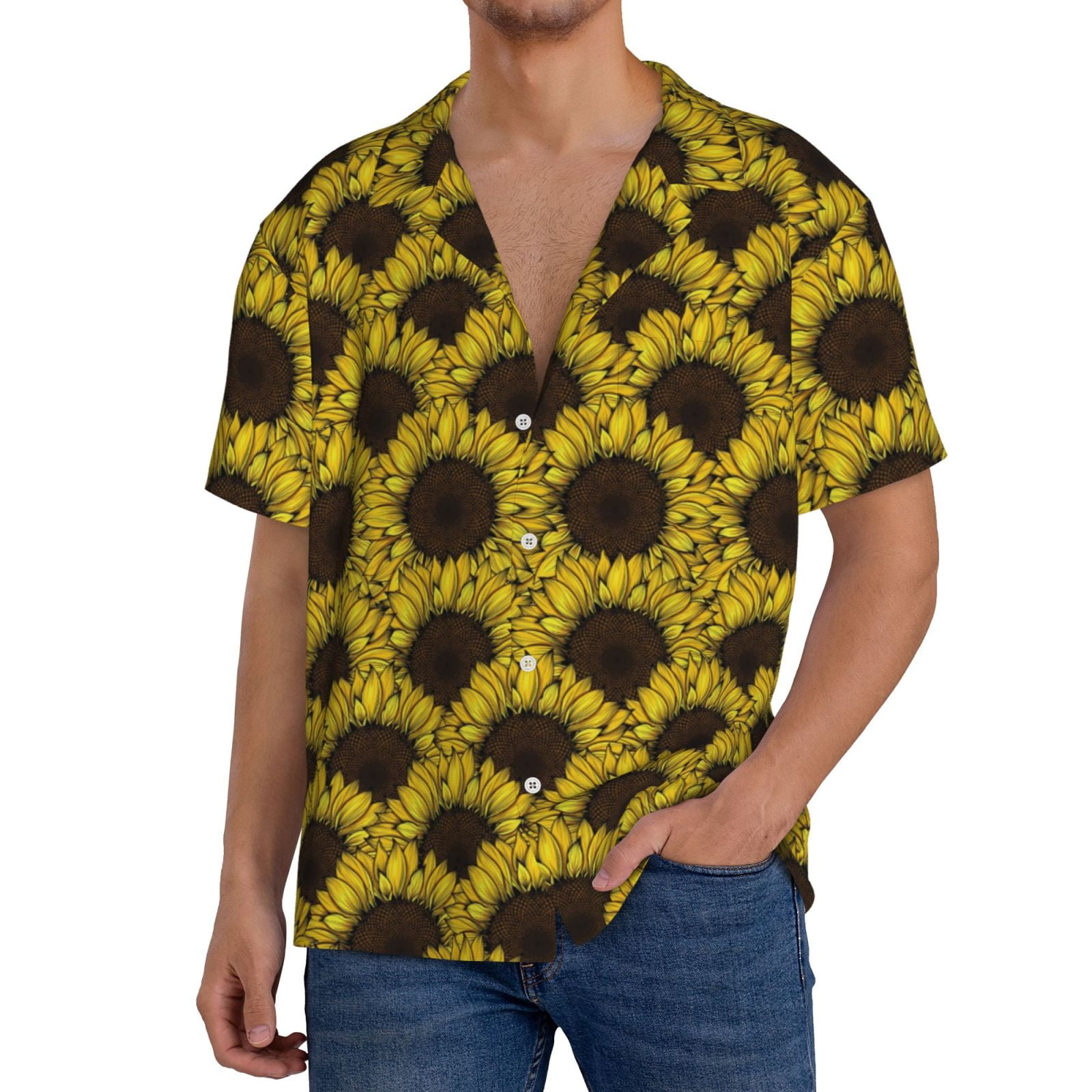 Daiia Sunflowers 3 Men's Linen Shirts Short Sleeve Casual Shirts Button ...