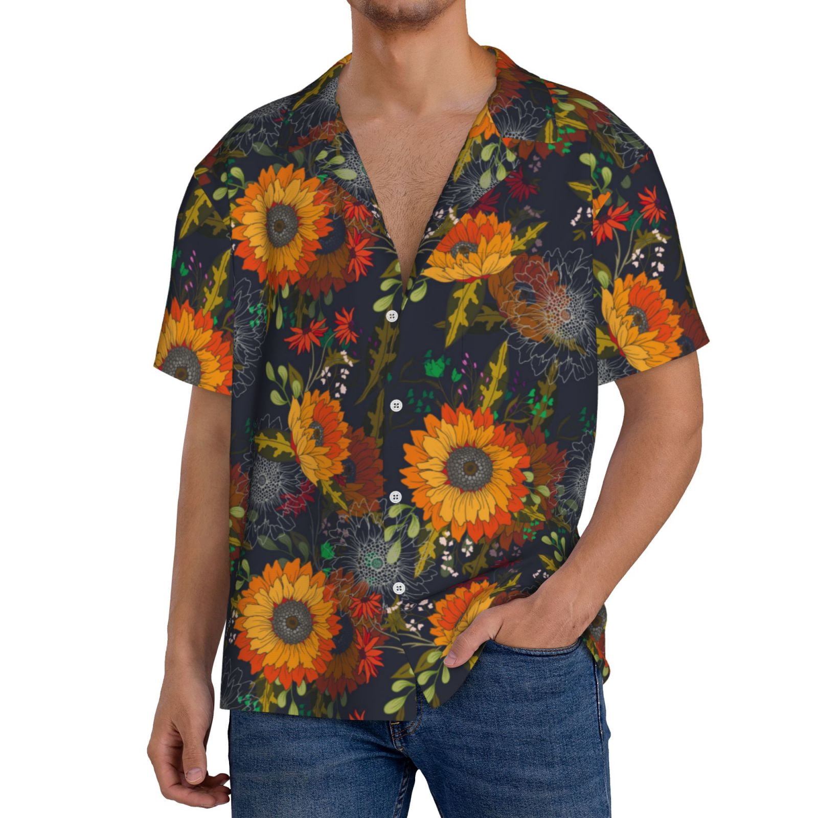 Daiia Sunflowers Men's Linen Shirts Short Sleeve Casual Shirts Button ...