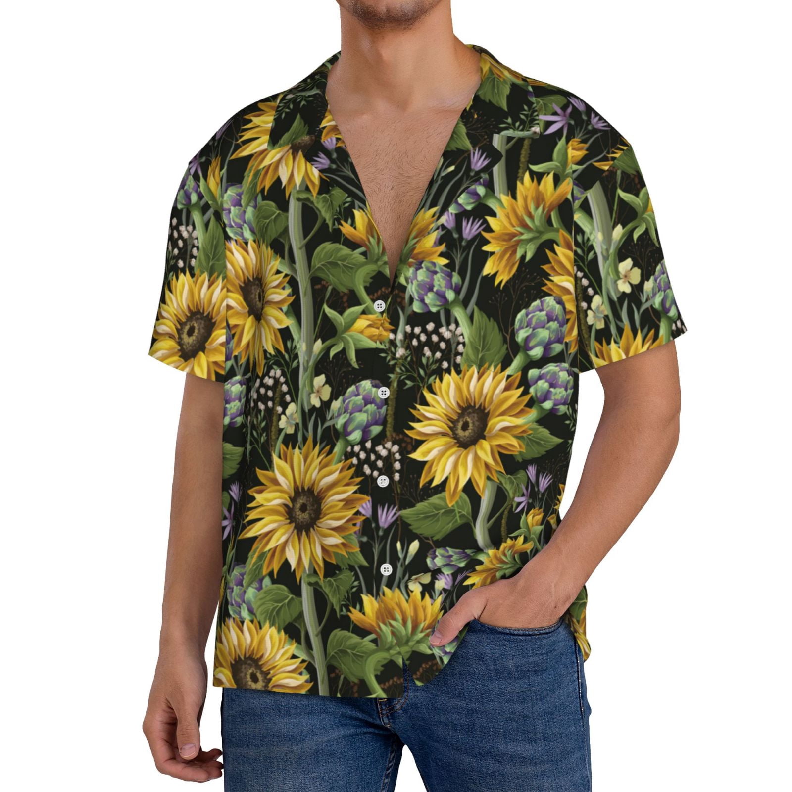 Daiia Sunflowers Men's Linen Shirts Short Sleeve Casual Shirts Button ...