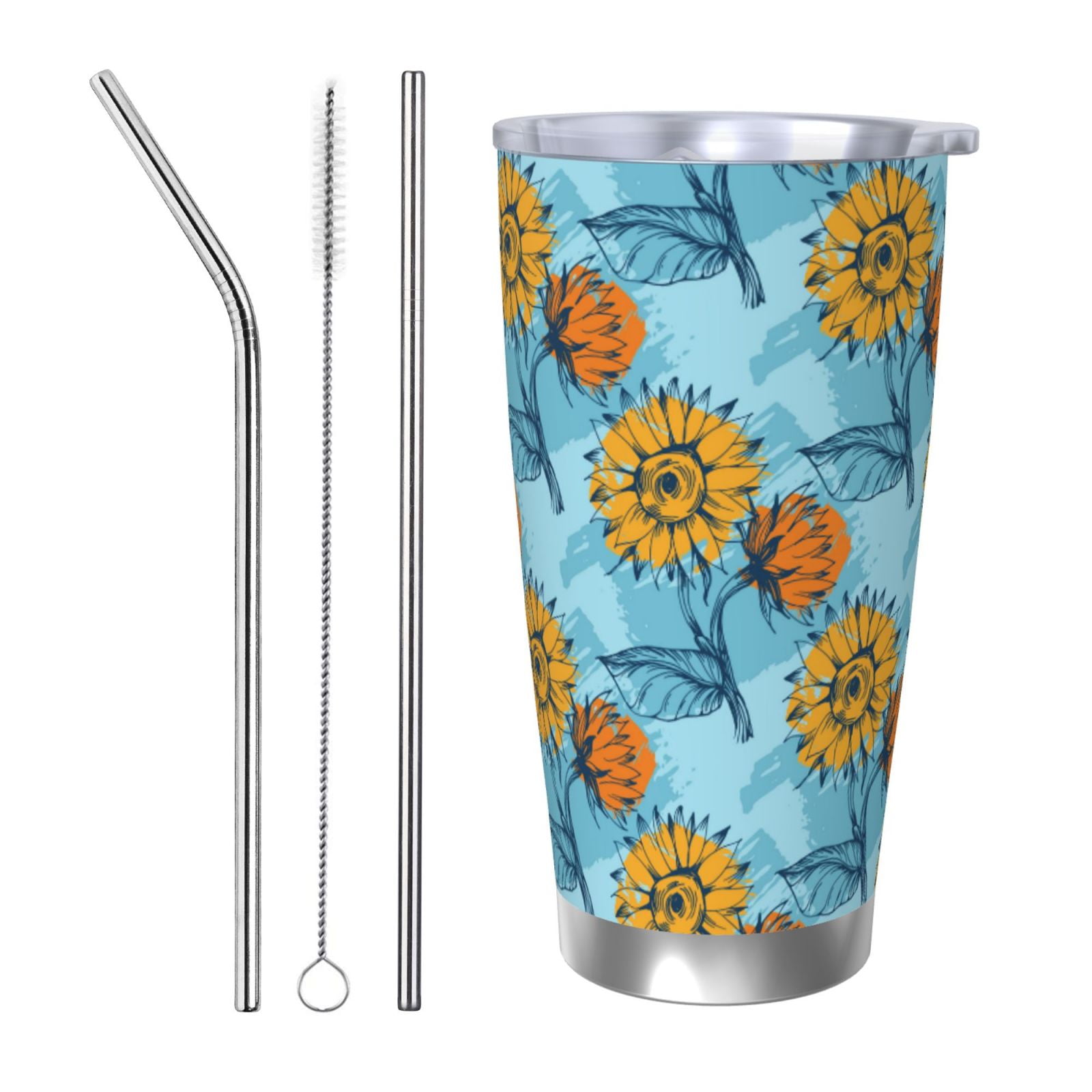 Daiia Sunflowers Printed 20oz Insulated Coffee Cup with Straw Topper ...