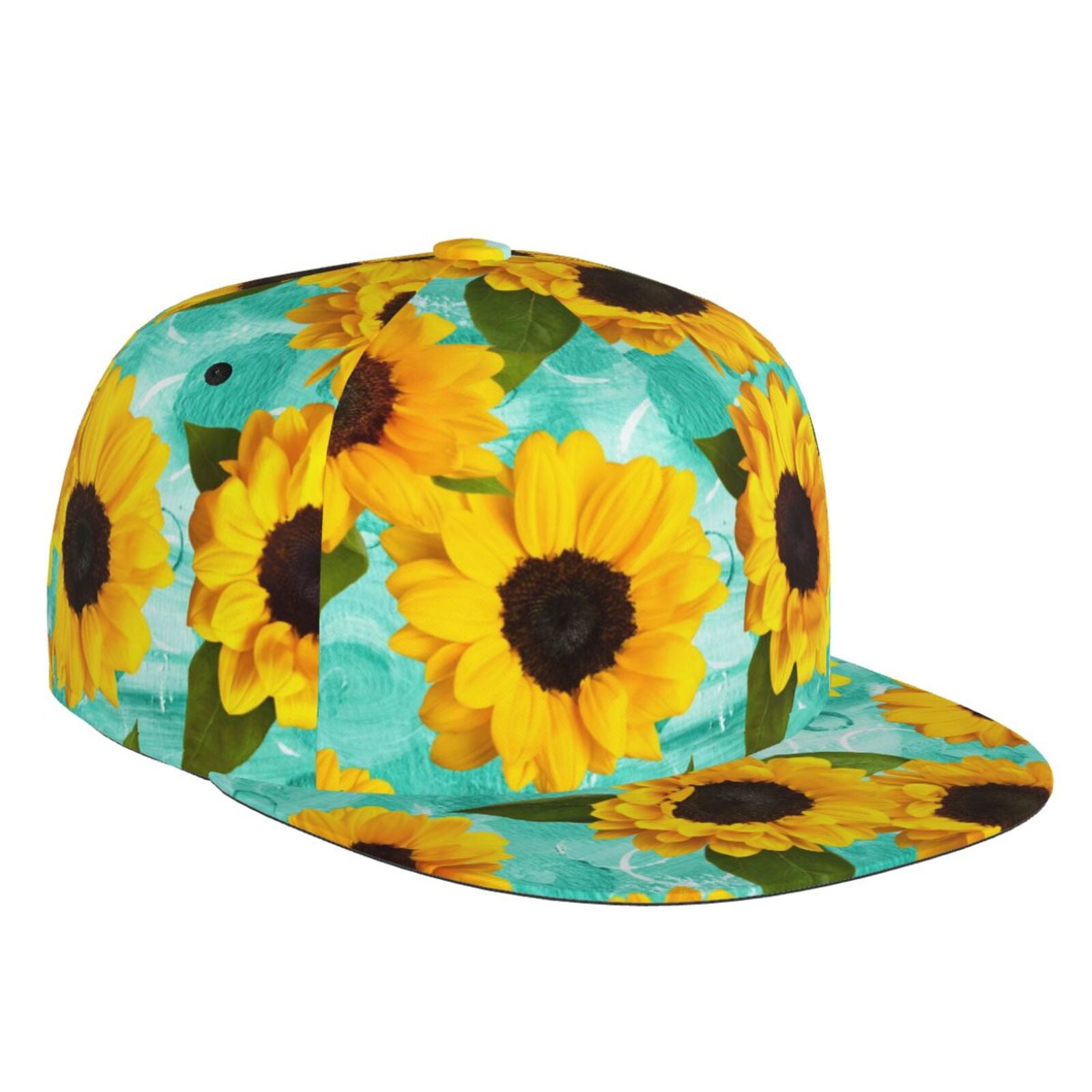 Daiia Sunflowers With Green Leaves print Flat Bill Hats Flat Brim ...