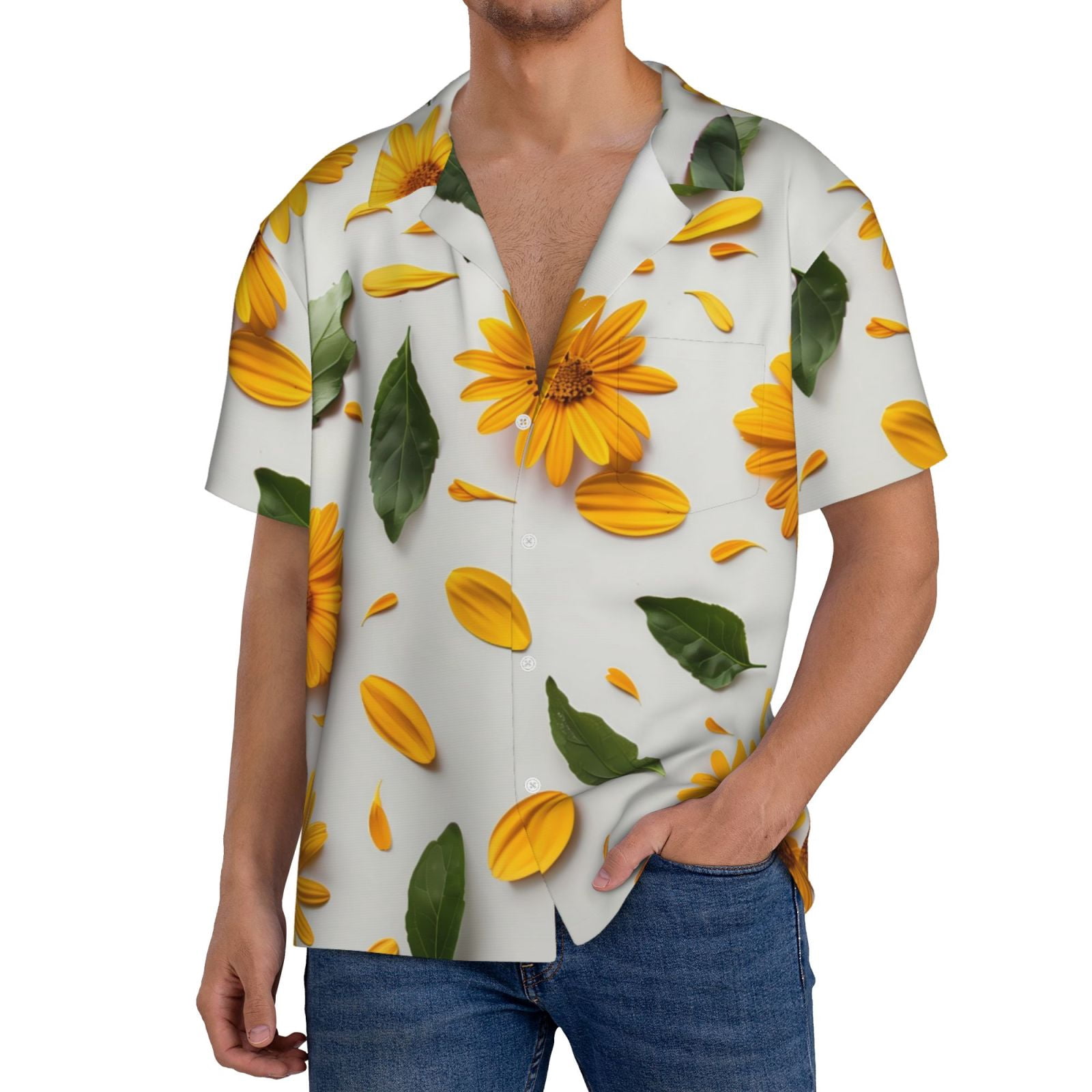 Daiia Sunny Yellow SunFlower Men's Linen Shirts Short Sleeve Casual ...