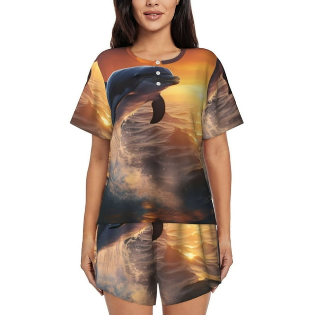 Daiia Sunset Dancing Dolphin Pattern Womens Pajama Sets Short Sleeve ...