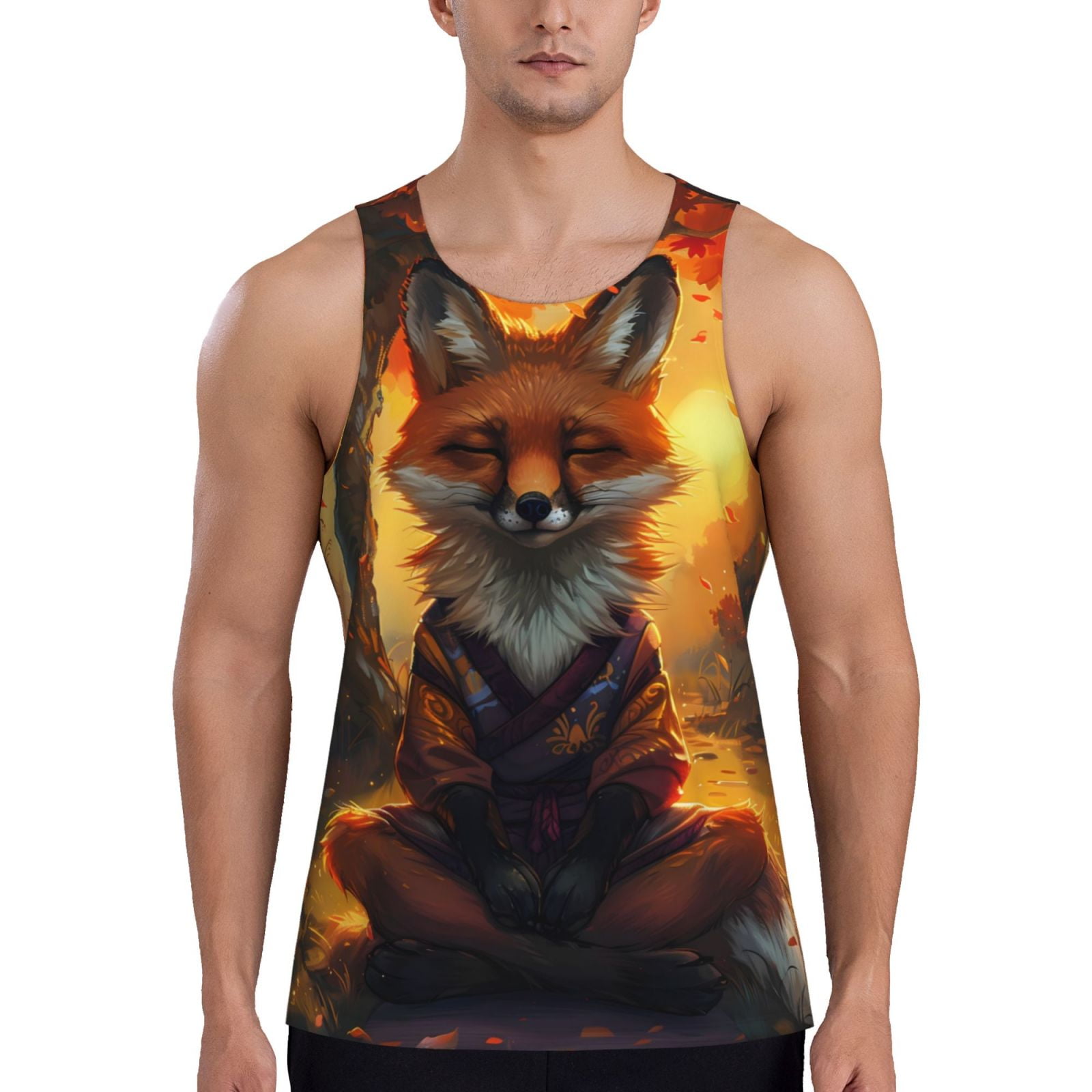 Daiia Sunset Maple Tree Fox Printed Men's Quick Dry Fit Muscle Tank Top ...