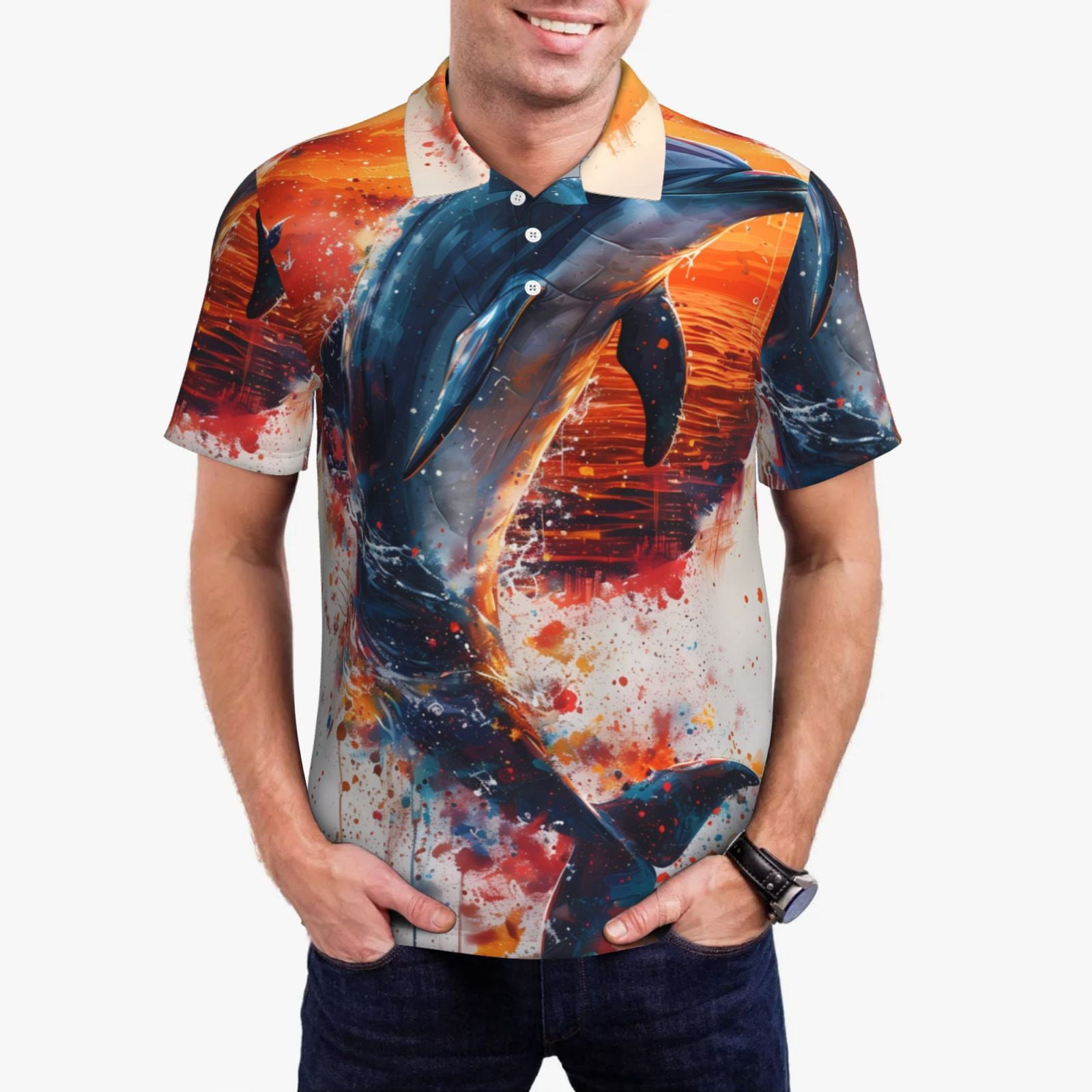 Daiia Sunset Ocean Watercolor Dolphin Pattern Men’s Polo Shirts,Solid ...