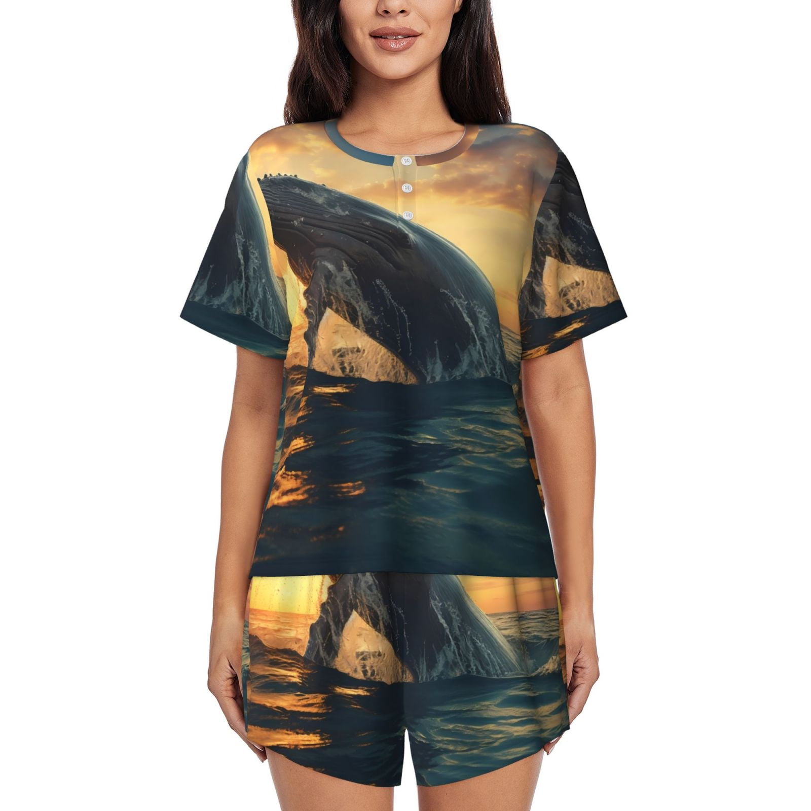 Daiia Sunset Ocean Whale Pattern Womens Pajama Sets Short Sleeve ...