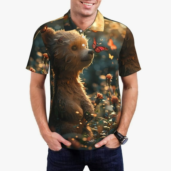 Daiia Sunshine Butterfly Flower Bear Pattern Men’s Polo Shirts,Solid ...