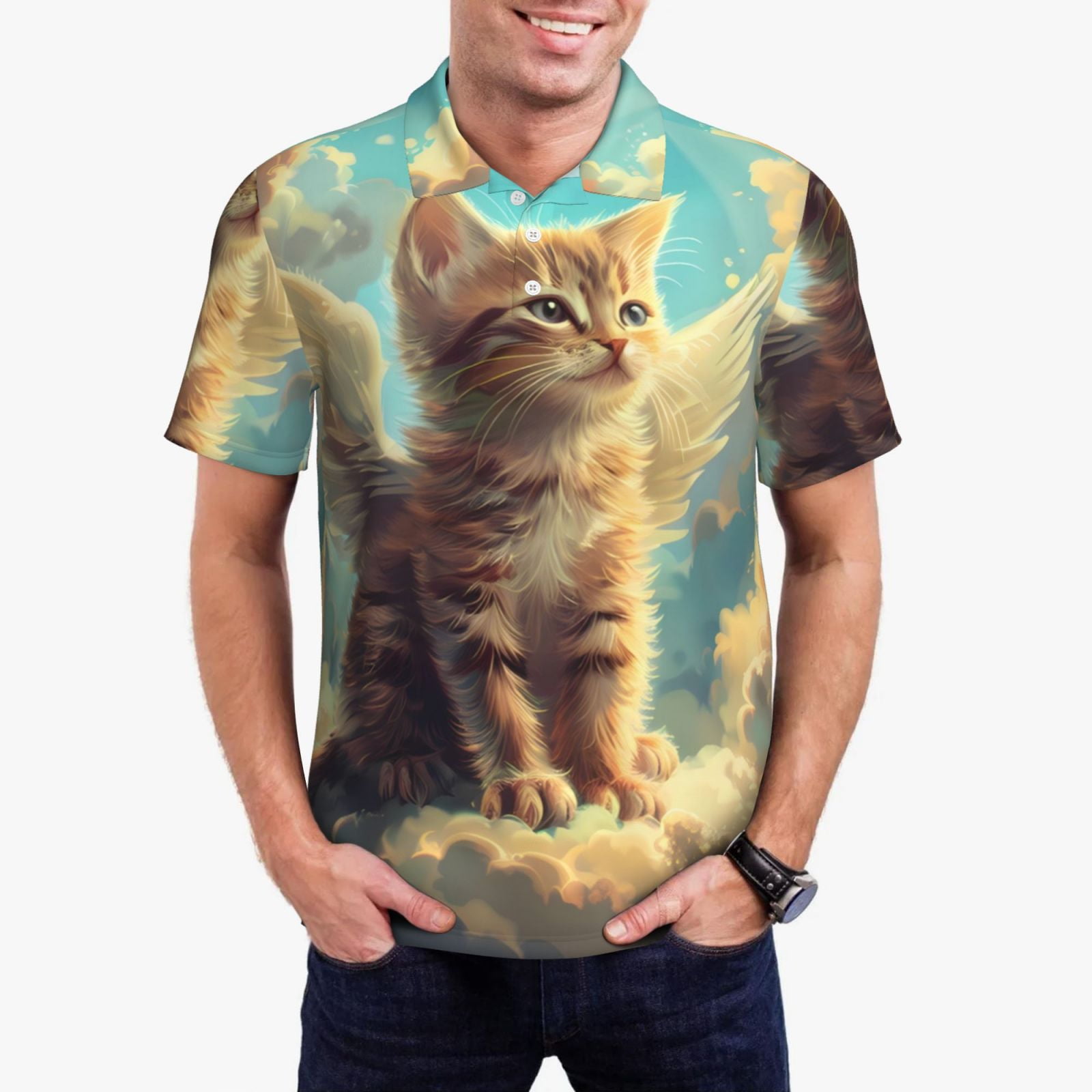 Daiia Sunshine Cloud Cute Cat Pattern Men’s Polo Shirts,Solid Deck ...