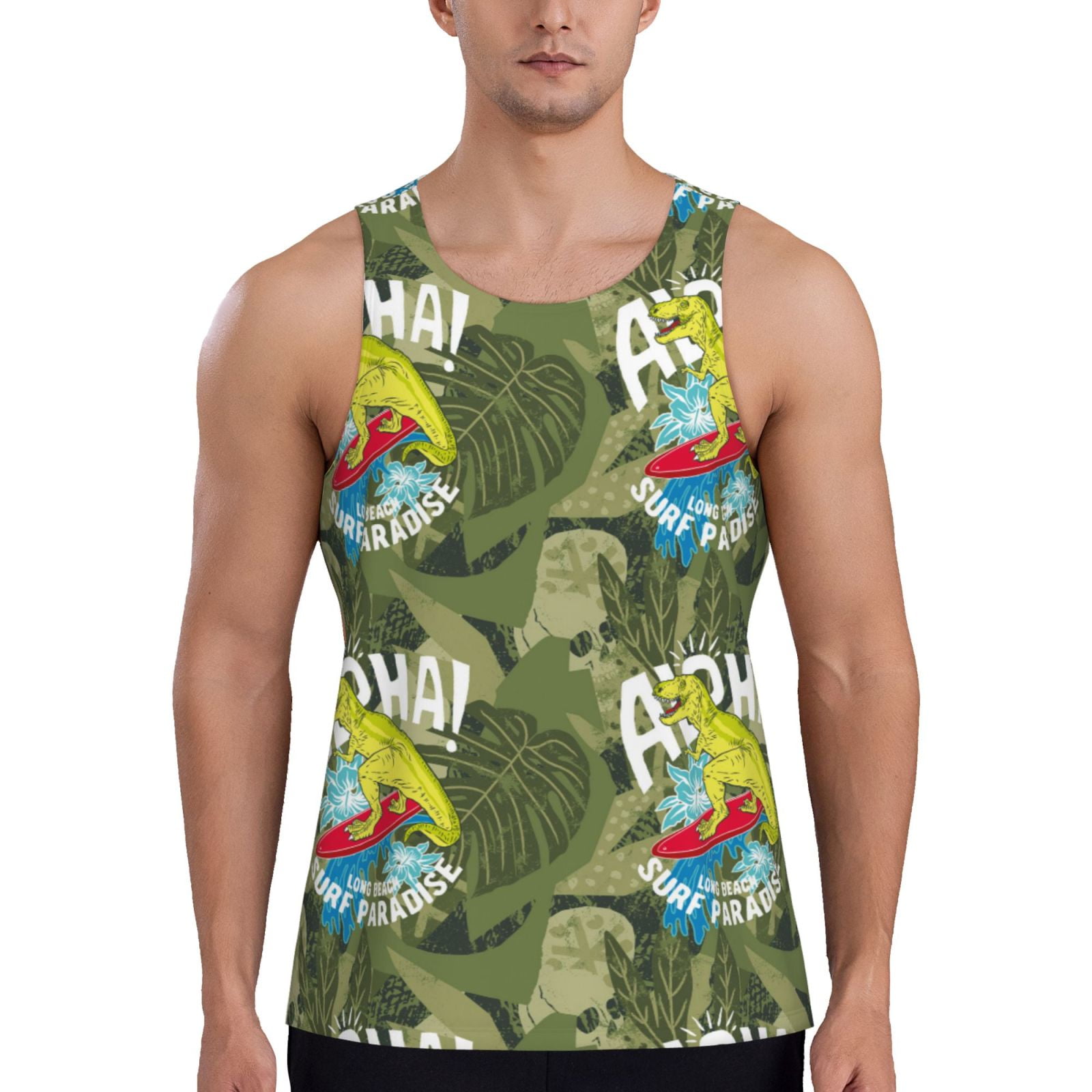 Daiia Surfing Dinosaur Printed Men's Quick Dry Fit Muscle Tank Top Slim ...