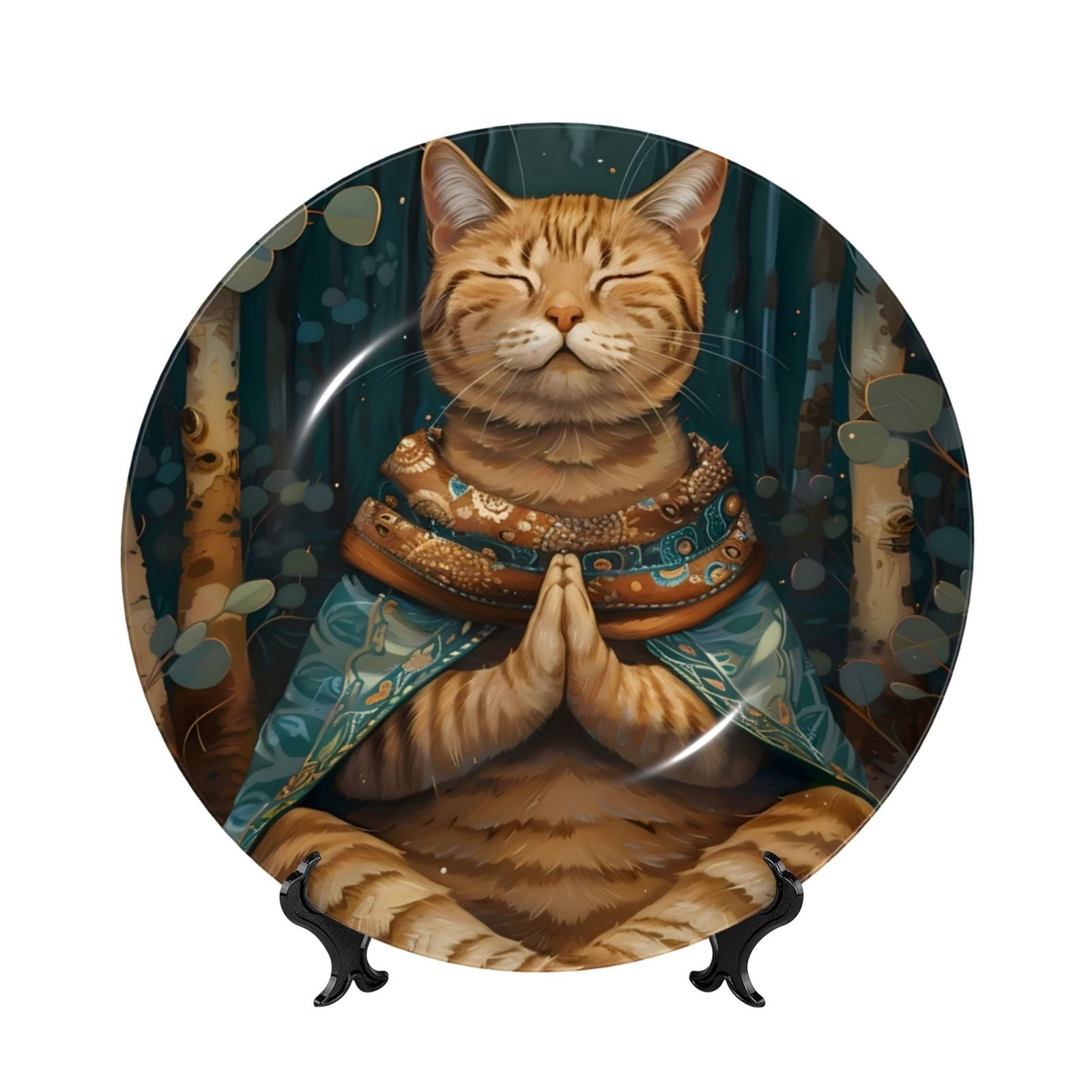 Daiia Surreal Meditating Cat Printed Pattern Ceramic Plate Dinner ...