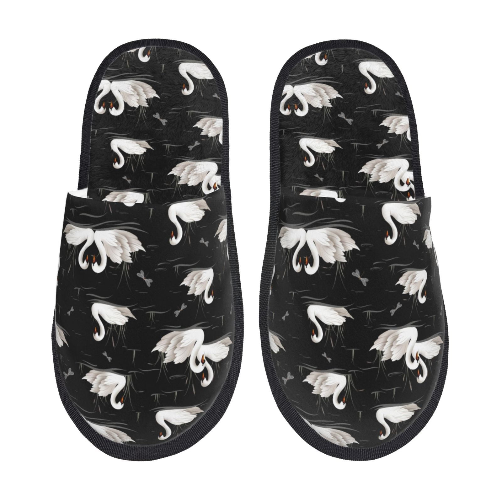 Daiia Swan And Dragonflies Pattern Furry Slippers for Women and Men ...