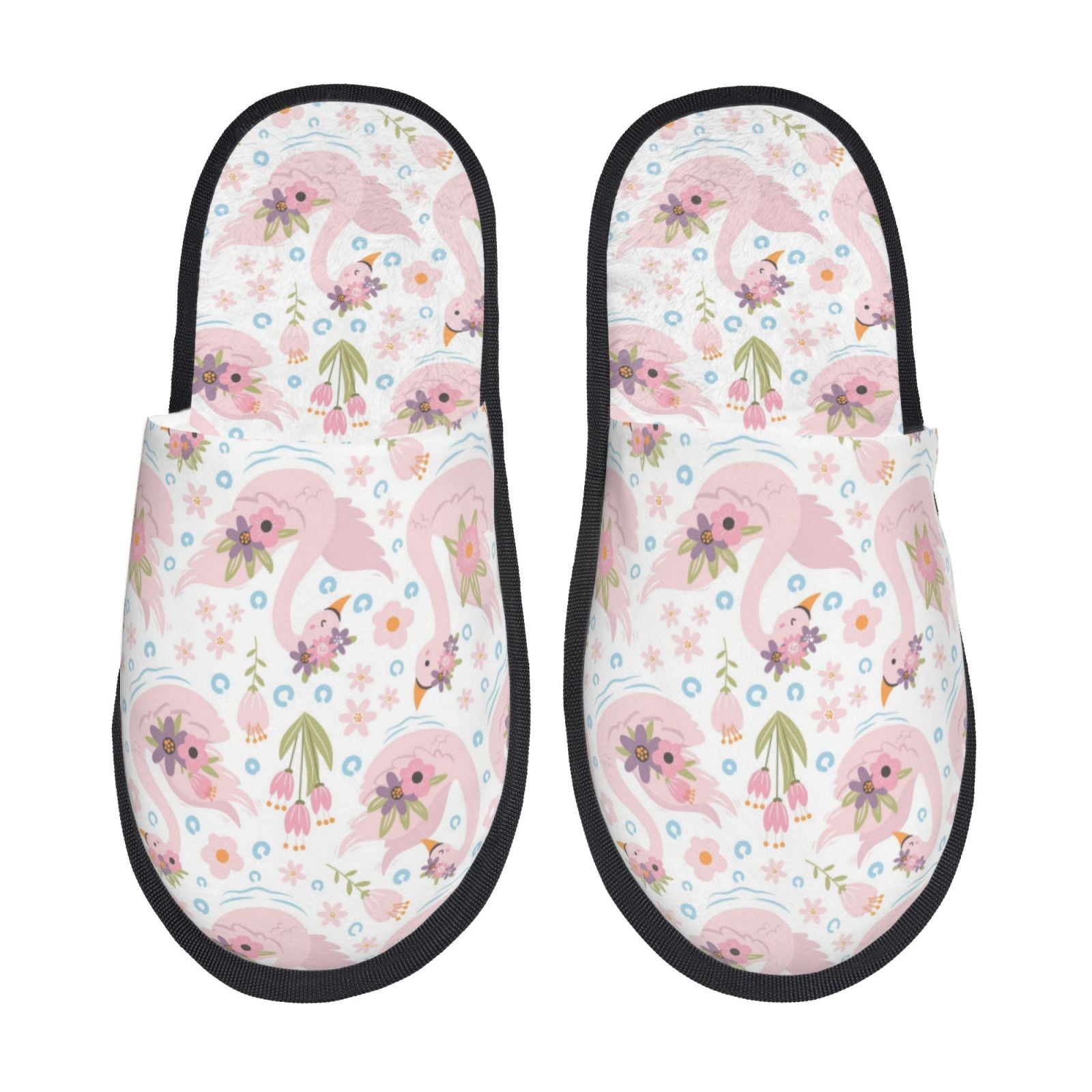 Daiia Swan And Flowers Pattern Furry Slippers for Women and Men, Soft ...