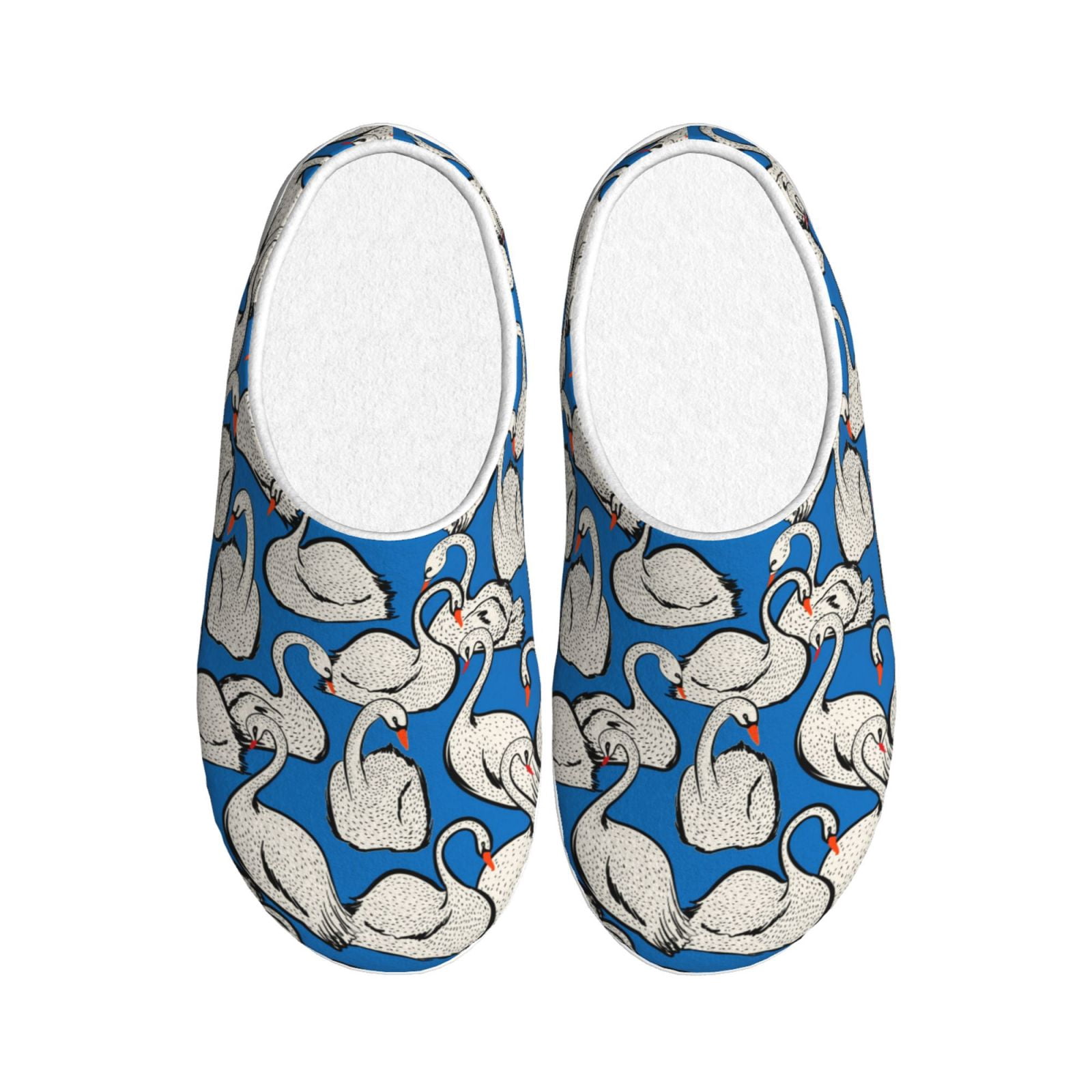 Daiia Swan Birds Print Women’s Fuzzy Slippers Memory Foam Lightweight ...